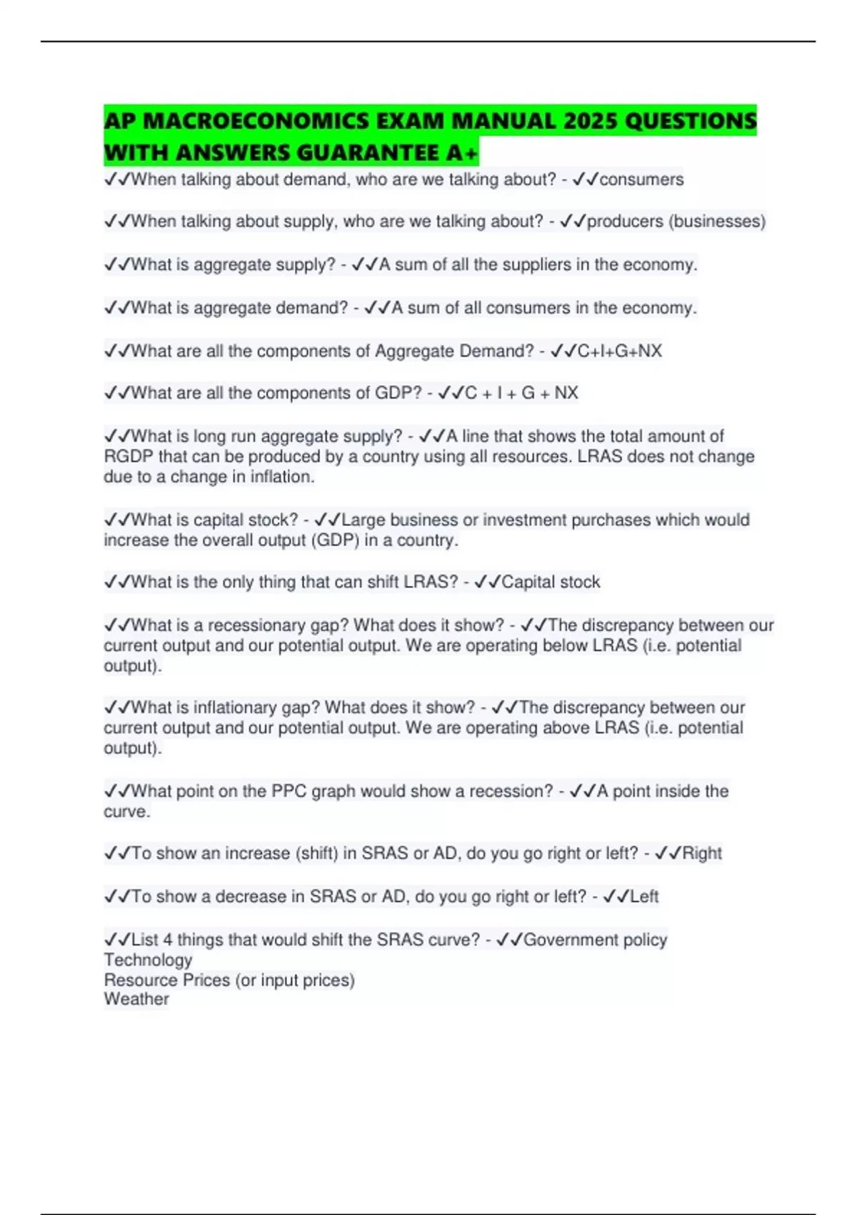 AP MACROECONOMICS EXAM MANUAL 2025 QUESTIONS WITH ANSWERS GUARANTEE A+ ...