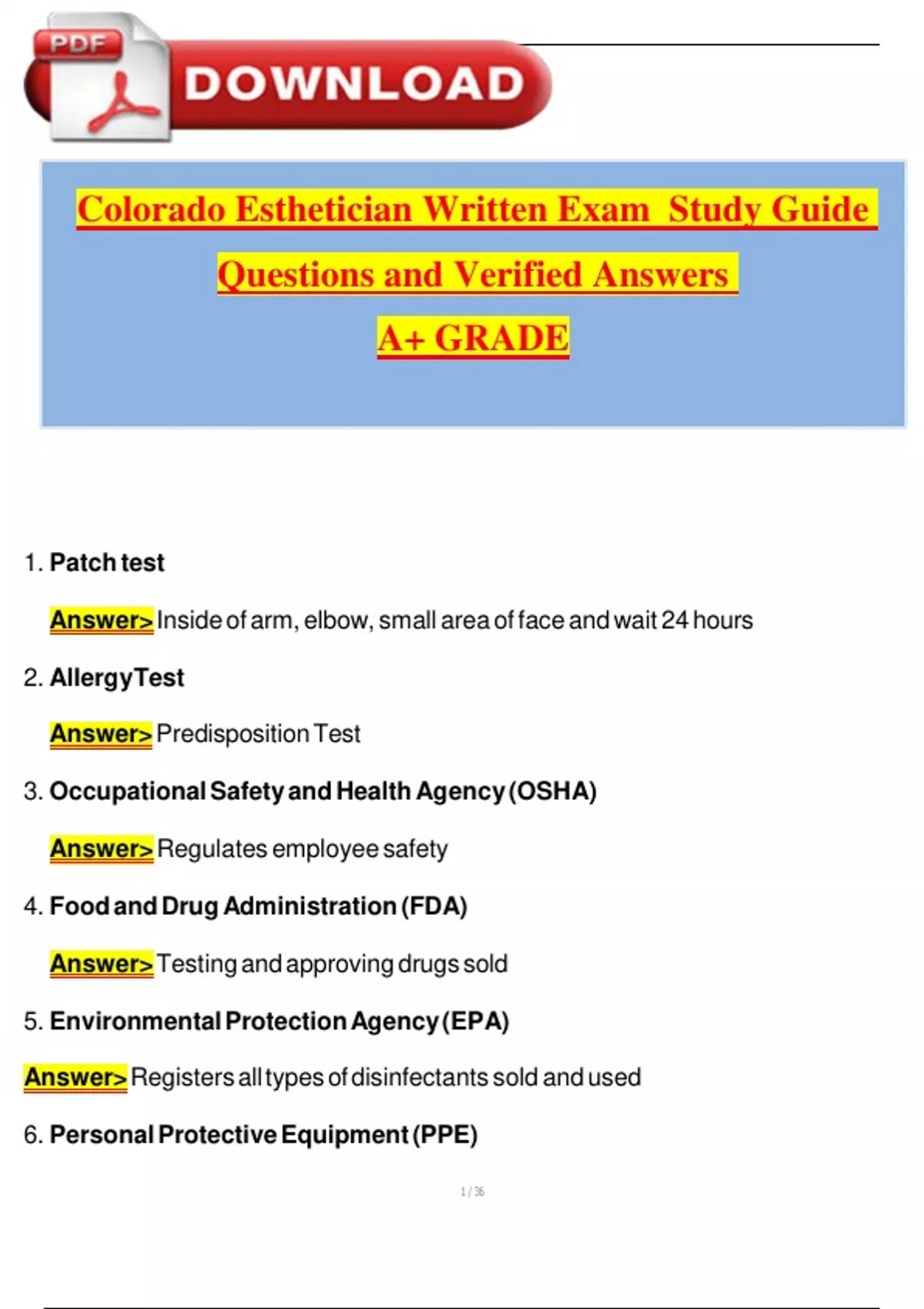 Colorado Esthetician Written Exam 2025 Study Guide Questions and ...