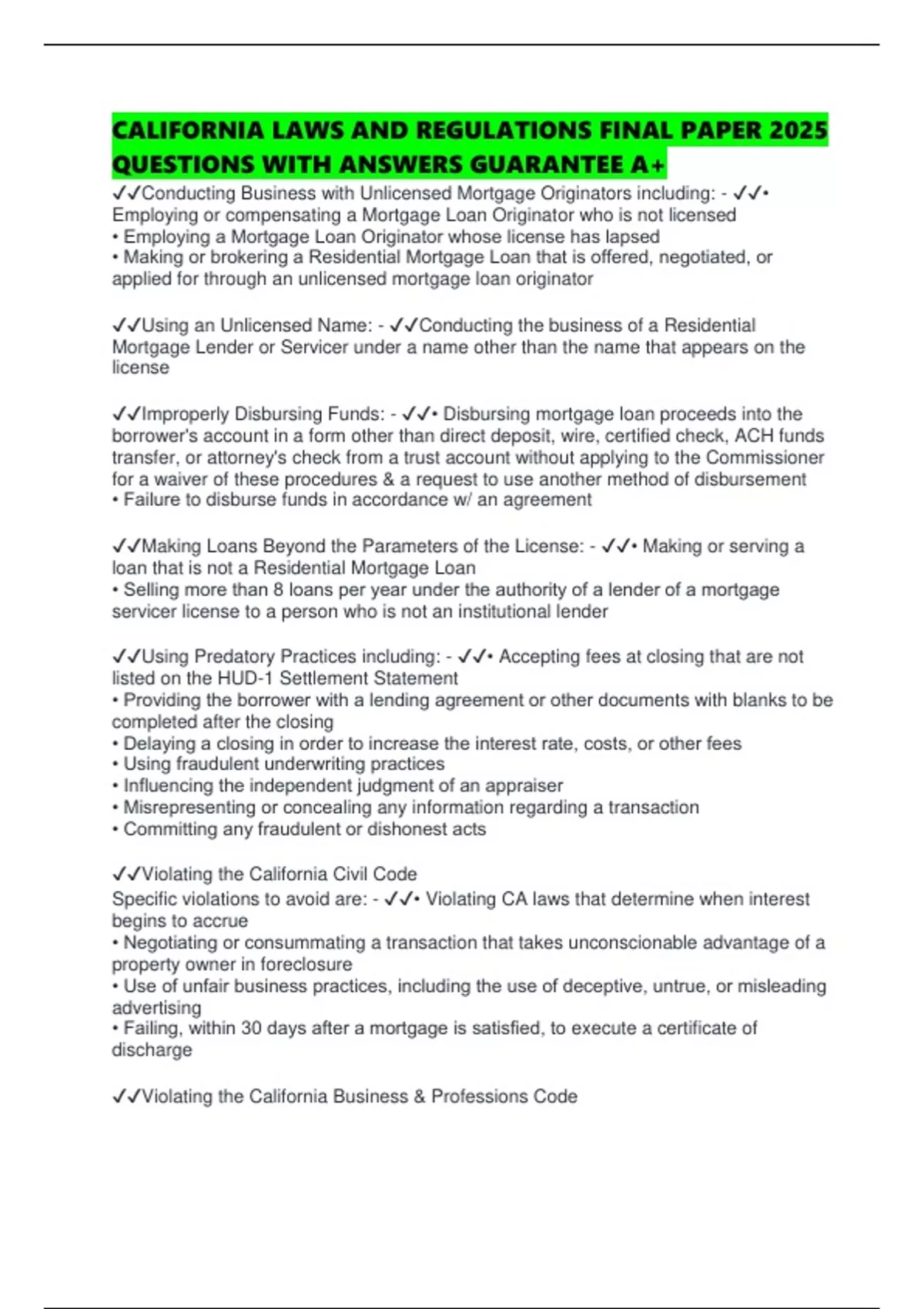 CALIFORNIA LAWS AND REGULATIONS FINAL PAPER 2025 QUESTIONS WITH ANSWERS ...