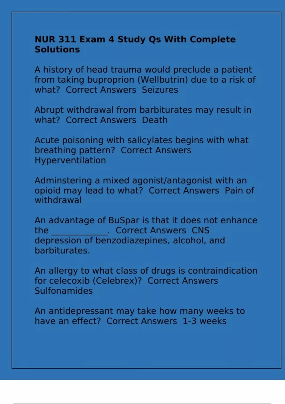 NUR 311 Exam 4 Study Qs With Complete Solutions - NUR 311 - Stuvia US