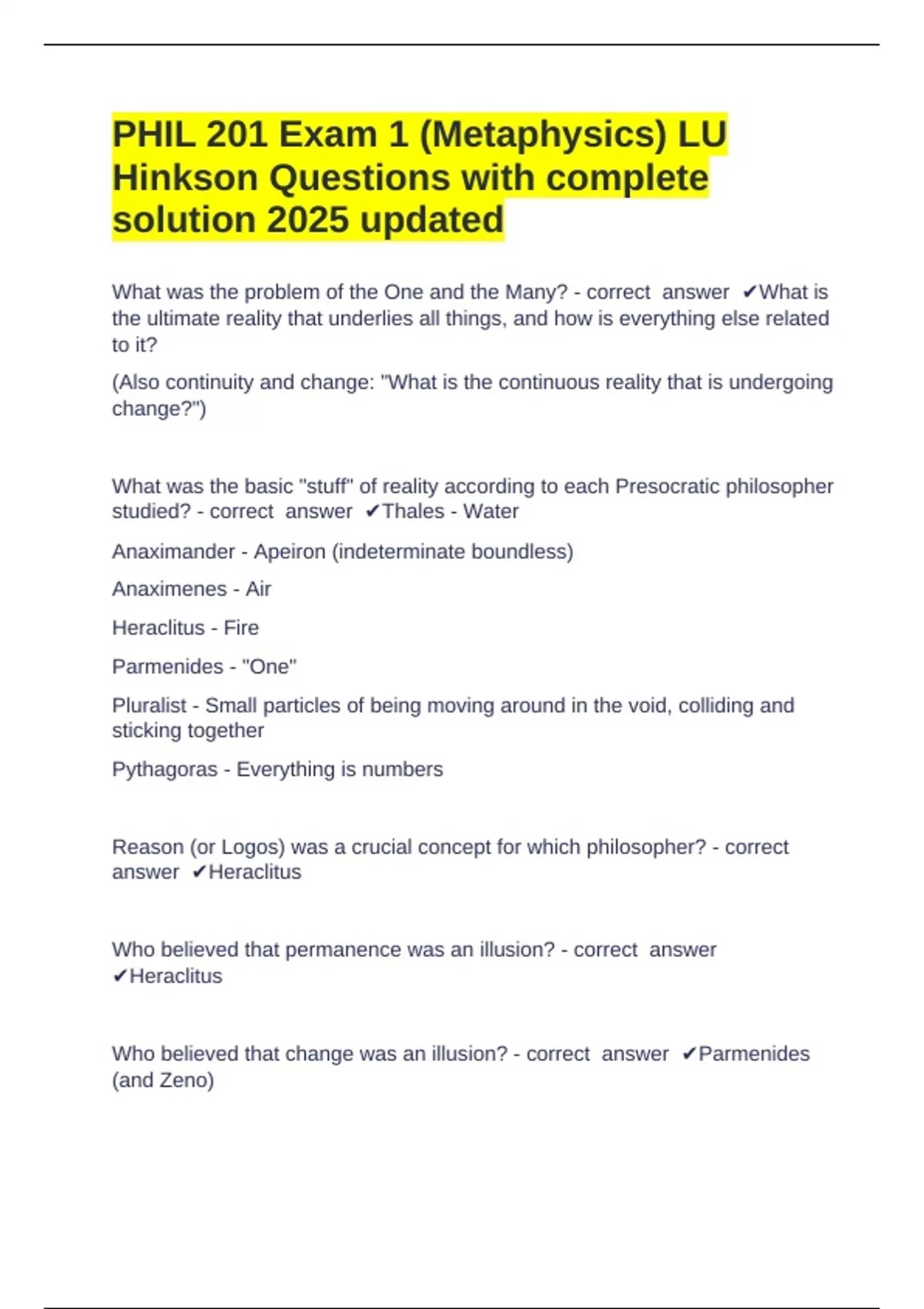 PHIL 201 Liberty University PHIL 201 Exam 1 (Metaphysics) LU Hinkson ...
