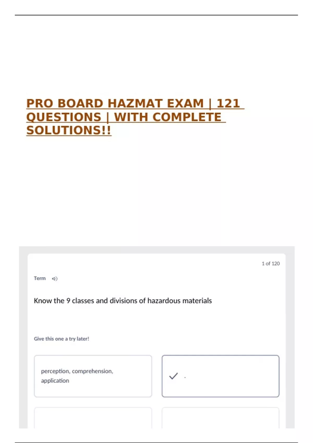 PRO BOARD HAZMAT EXAM | 121 QUESTIONS | WITH COMPLETE SOLUTIONS ...