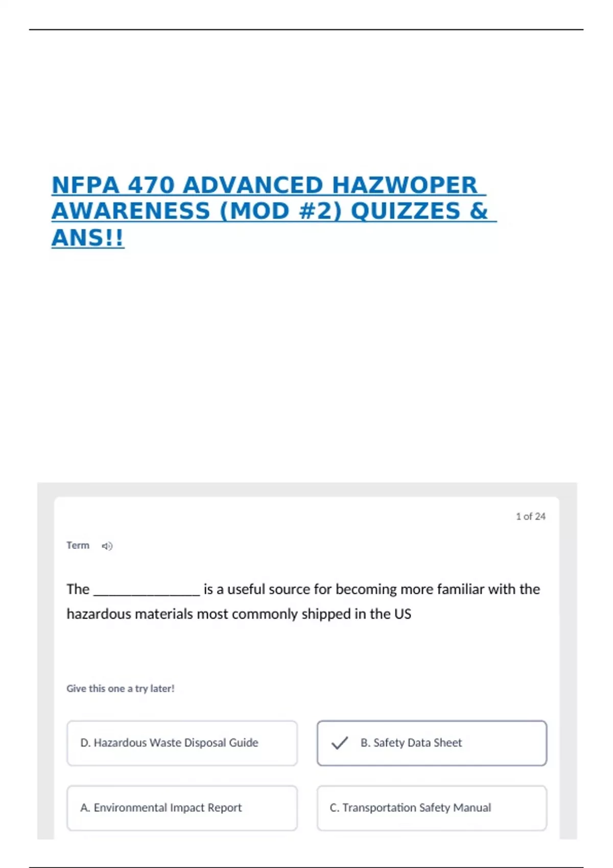 NFPA 470 ADVANCED HAZWOPER AWARENESS (MOD #2) QUIZZES & ANS!! - NFPA ...