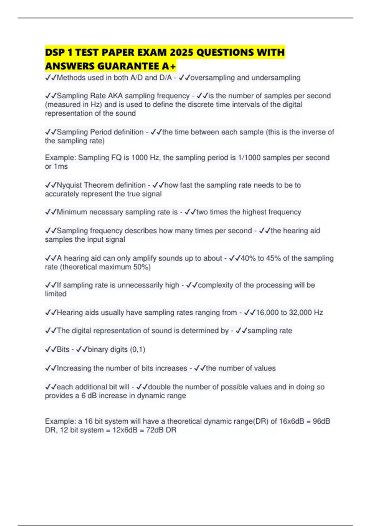 DSP 1 TEST PAPER EXAM 2025 QUESTIONS WITH ANSWERS GUARANTEE A+ - DSP 1 ...