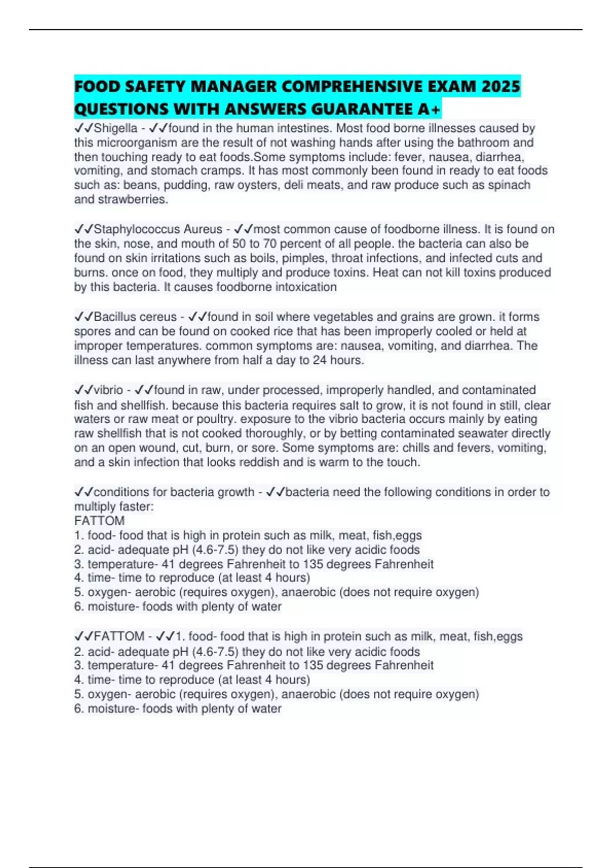 FOOD SAFETY MANAGER COMPREHENSIVE EXAM 2025 QUESTIONS WITH ANSWERS ...