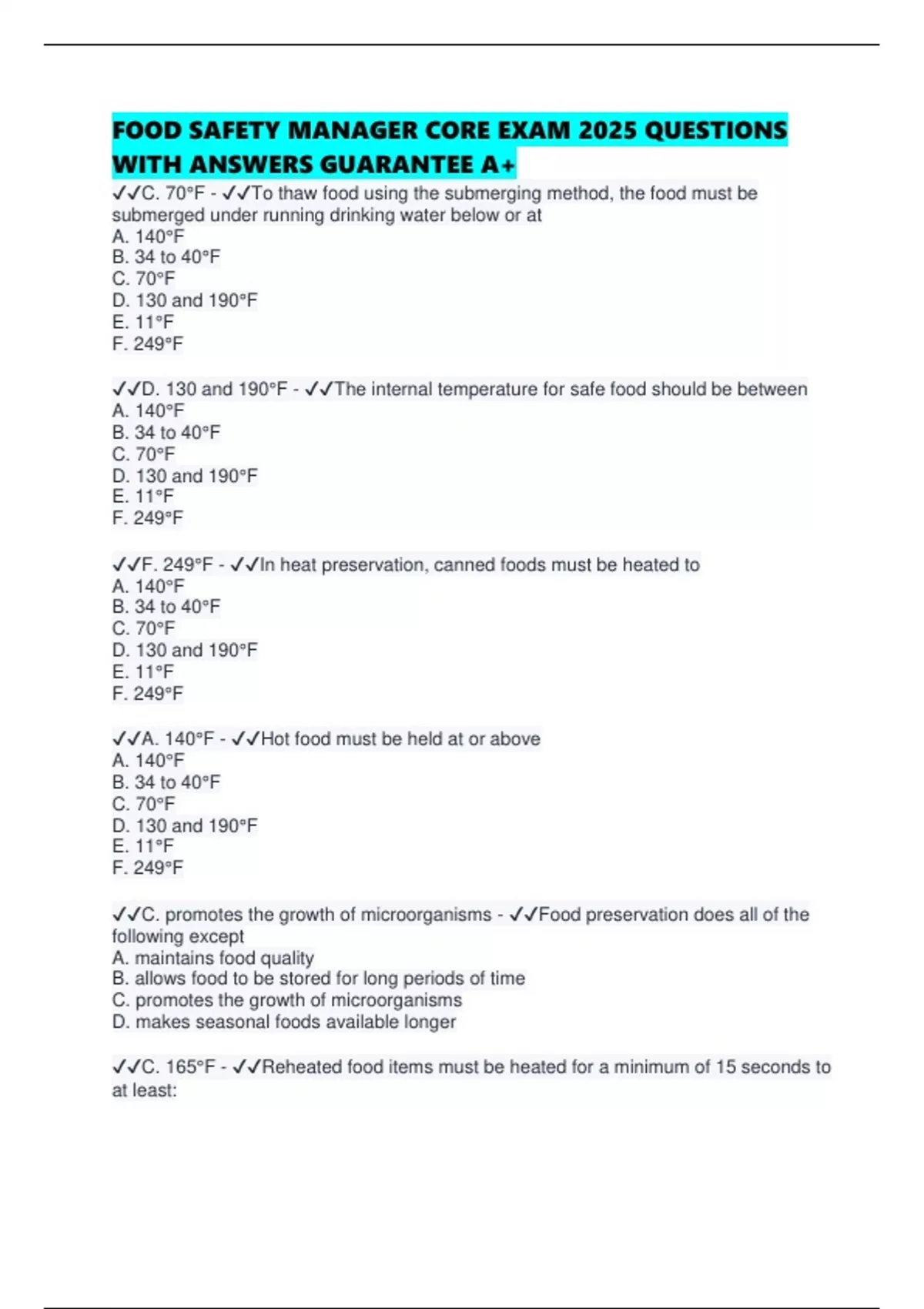 FOOD SAFETY MANAGER CORE EXAM 2025 QUESTIONS WITH ANSWERS GUARANTEE A+ ...