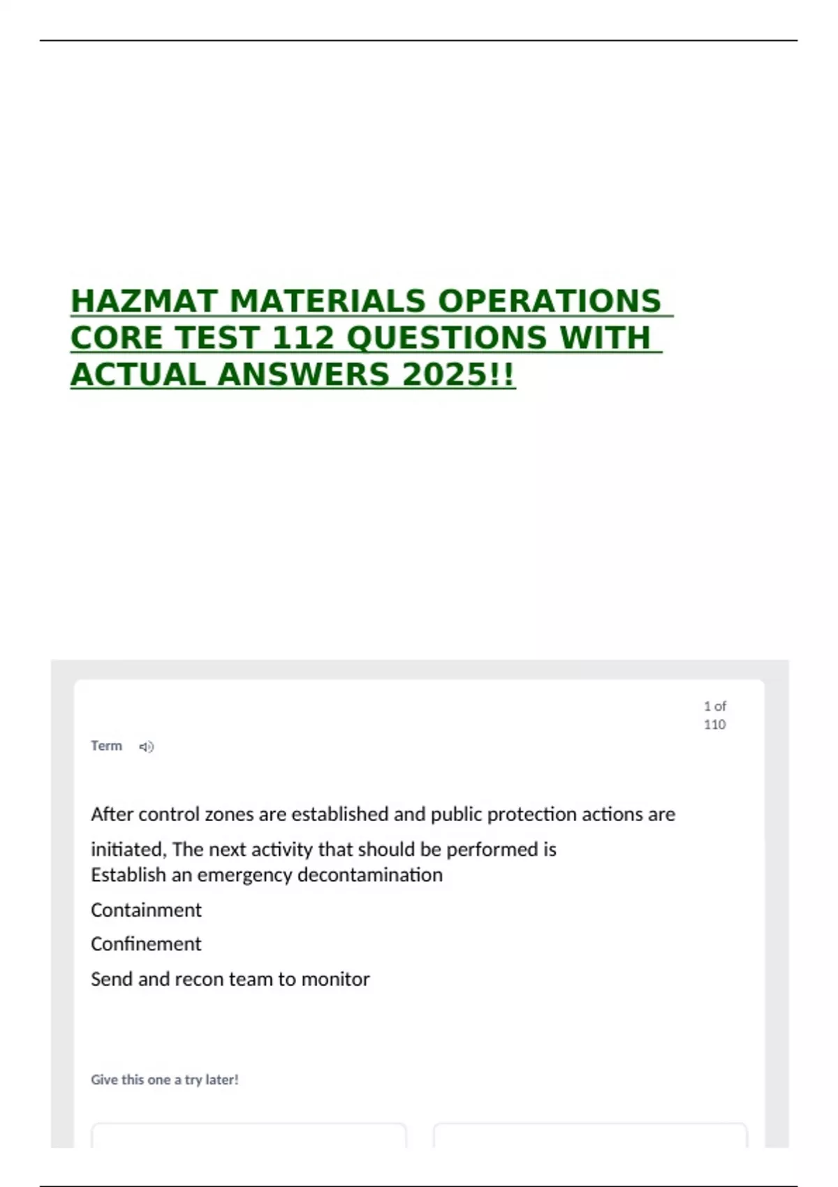 HAZMAT MATERIALS OPERATIONS CORE TEST 112 QUESTIONS WITH ACTUAL ANSWERS ...