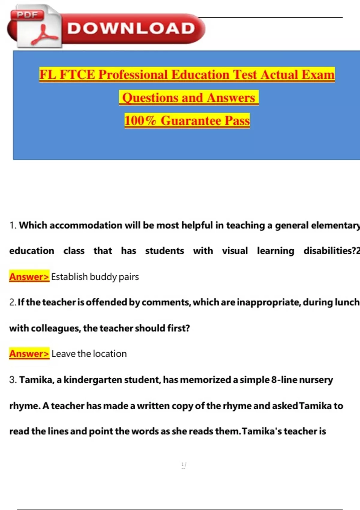 FL FTCE Professional Education Test Actual 2025 Exam with Questions and ...