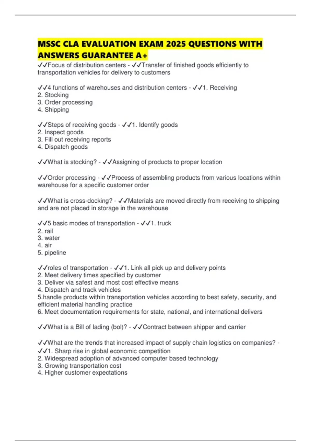 MSSC CLA EVALUATION EXAM 2025 QUESTIONS WITH ANSWERS GUARANTEE A+ ...