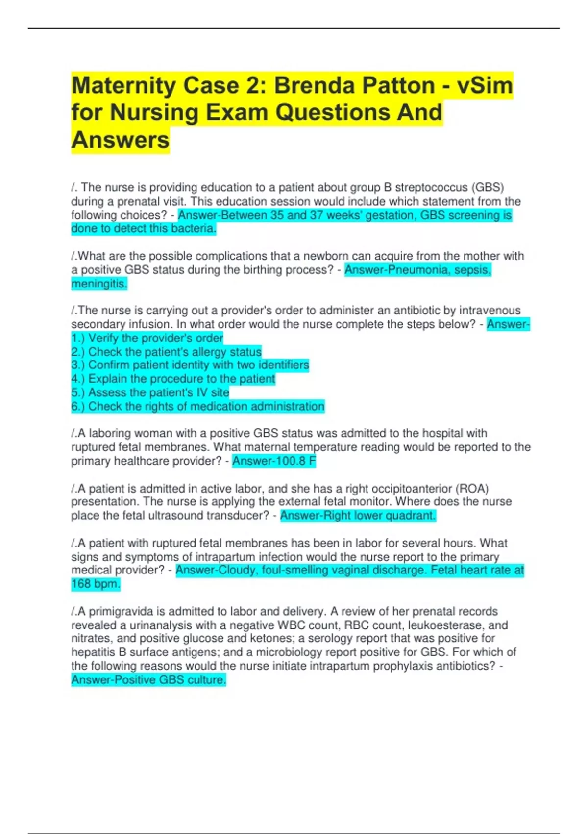 Maternity Case 2: Brenda Patton - vSim for Nursing Exam Questions And ...