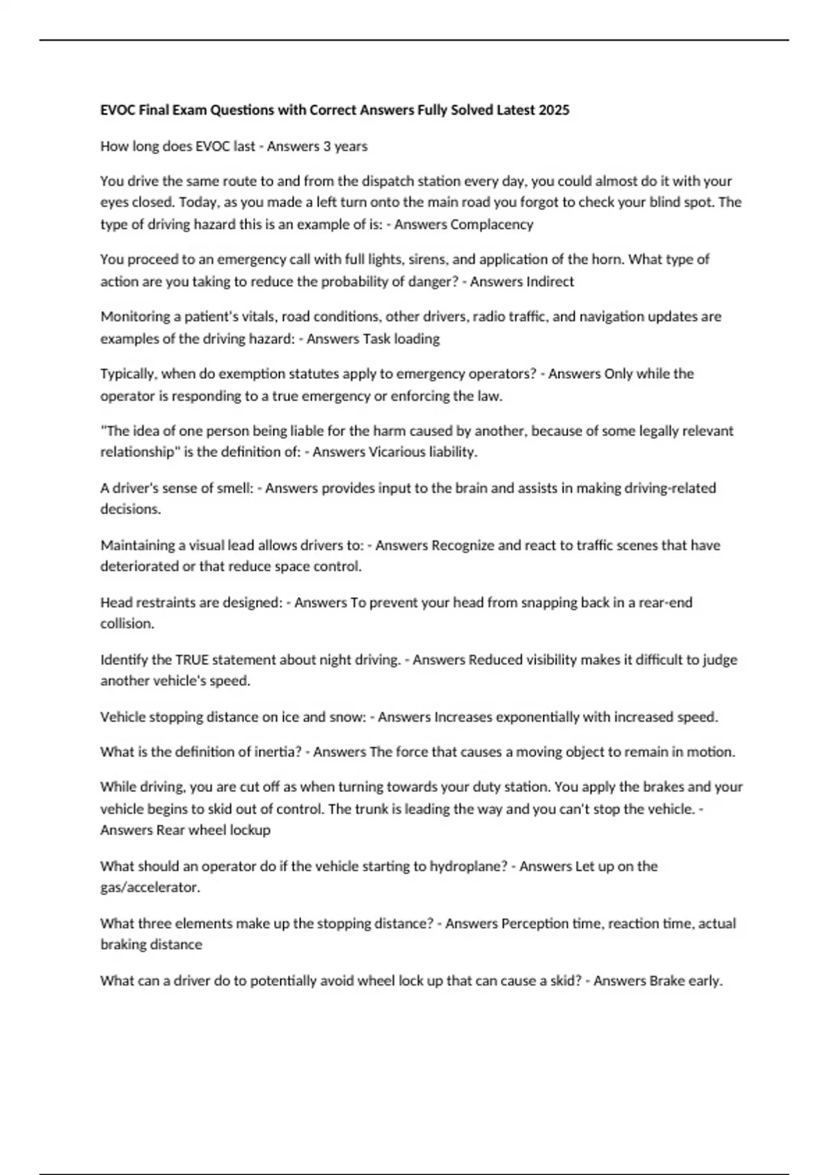 EVOC Final Exam Questions with Correct Answers Fully Solved Latest 2025 ...