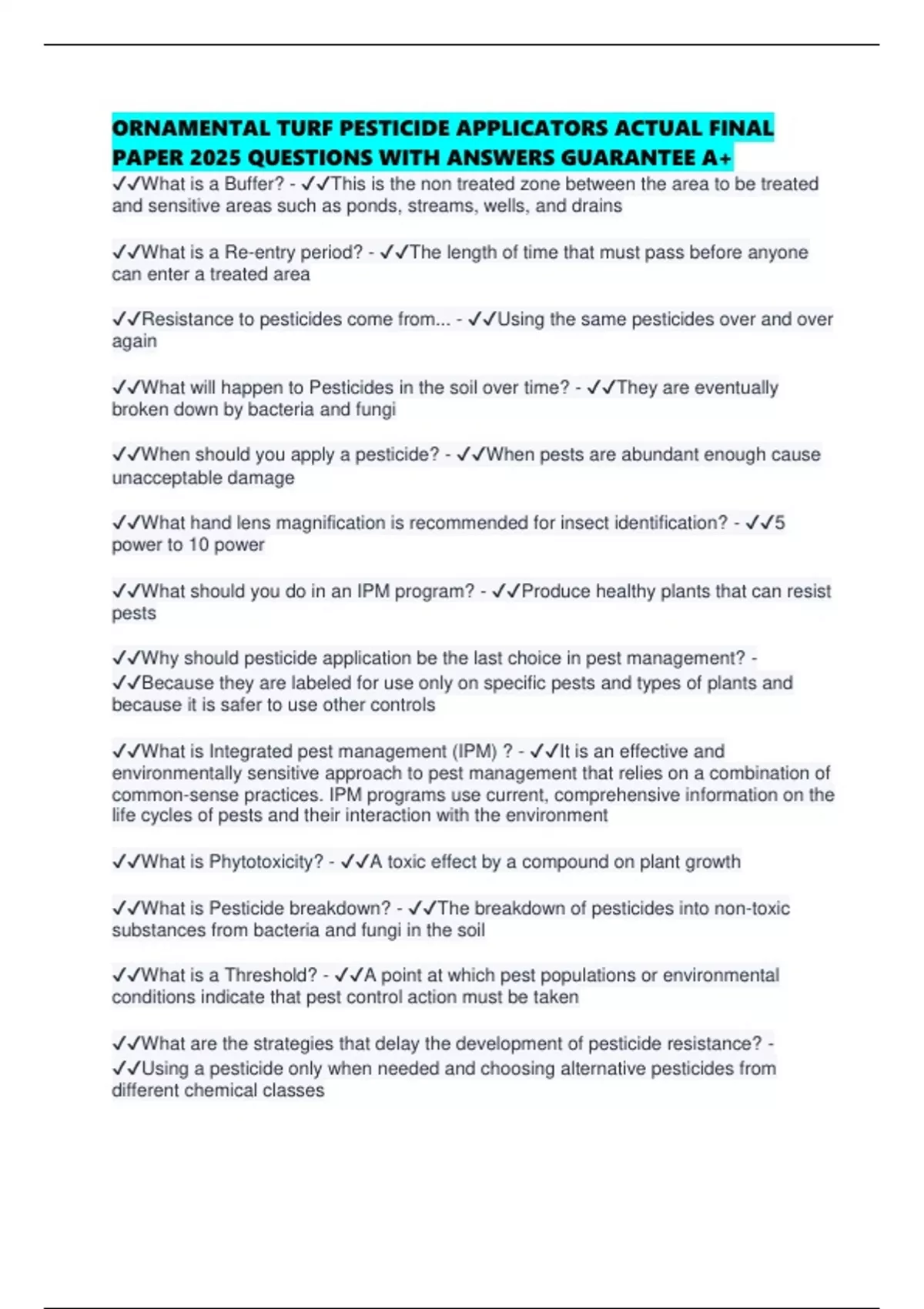 ORNAMENTAL TURF PESTICIDE APPLICATORS ACTUAL FINAL PAPER 2025 QUESTIONS ...