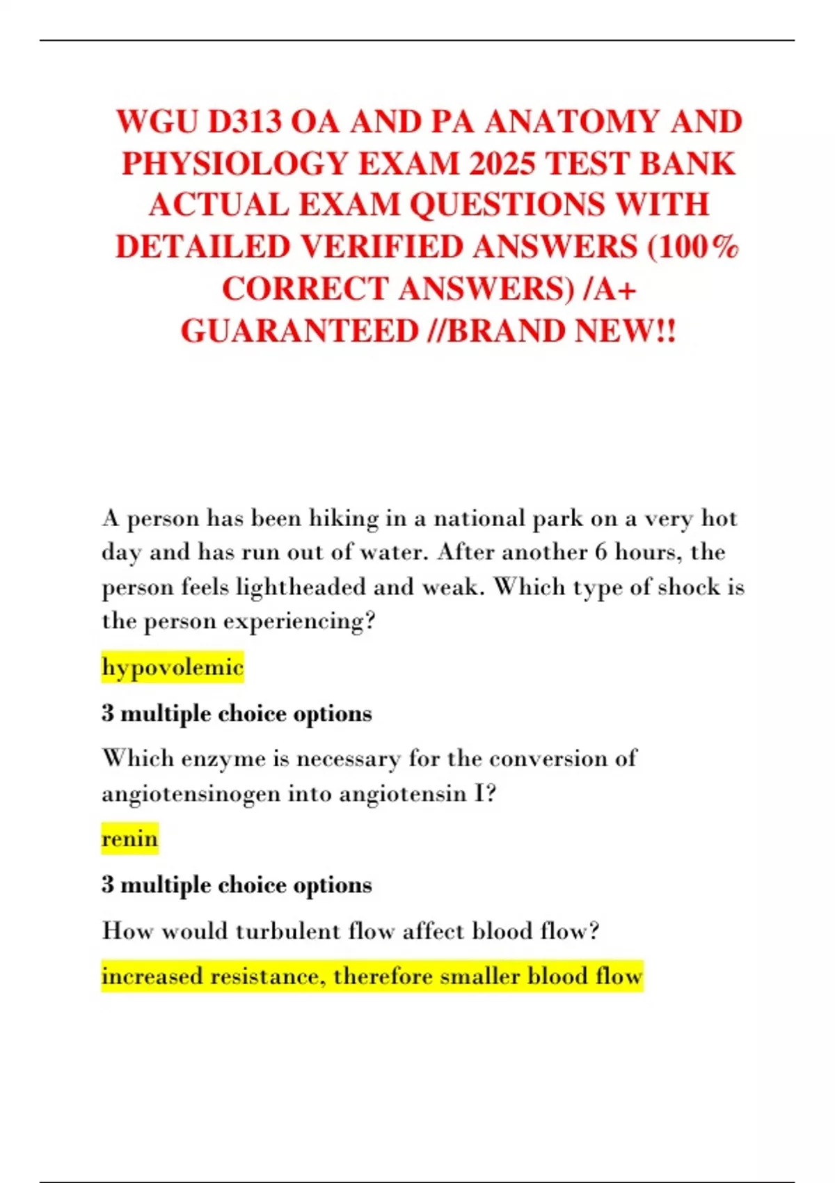 WGU D313 OA AND PA ANATOMY AND PHYSIOLOGY EXAM 2025 TEST BANK ACTUAL ...