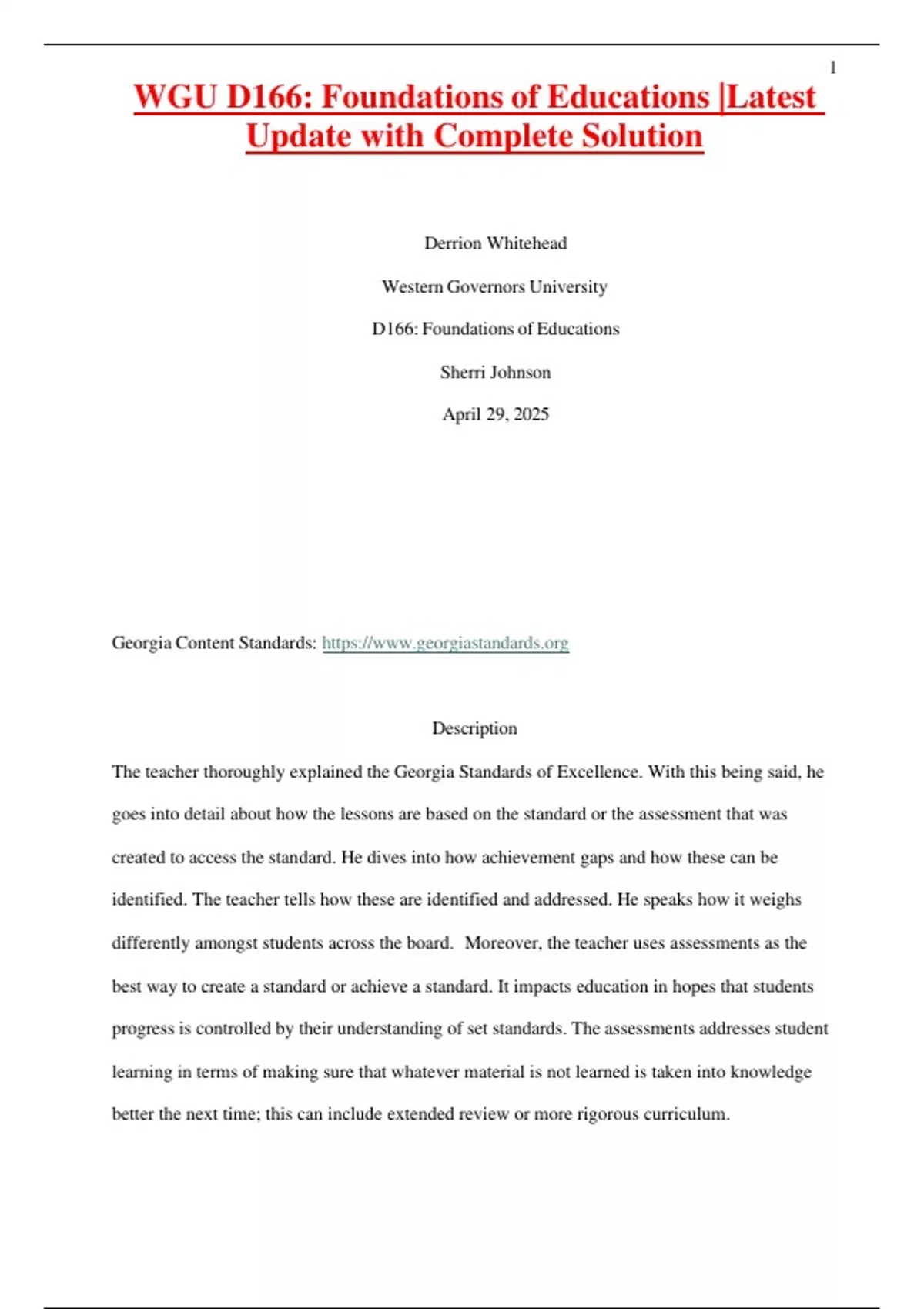 WGU D166: Foundations of Educations |Latest Update with Complete ...