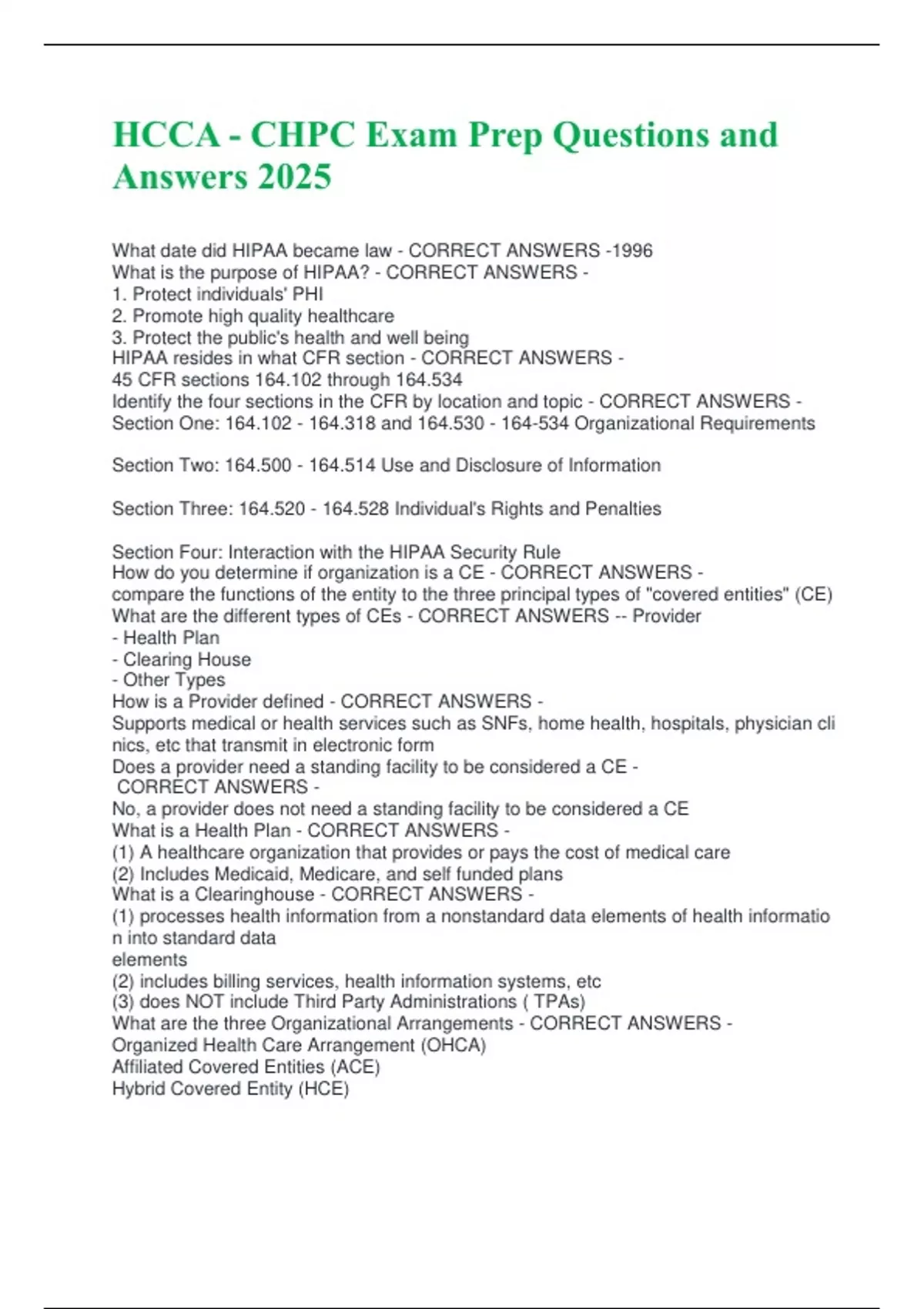 HCCA - CHPC Exam Prep Questions and Answers 2025 - HCCA - CHPC - Stuvia US