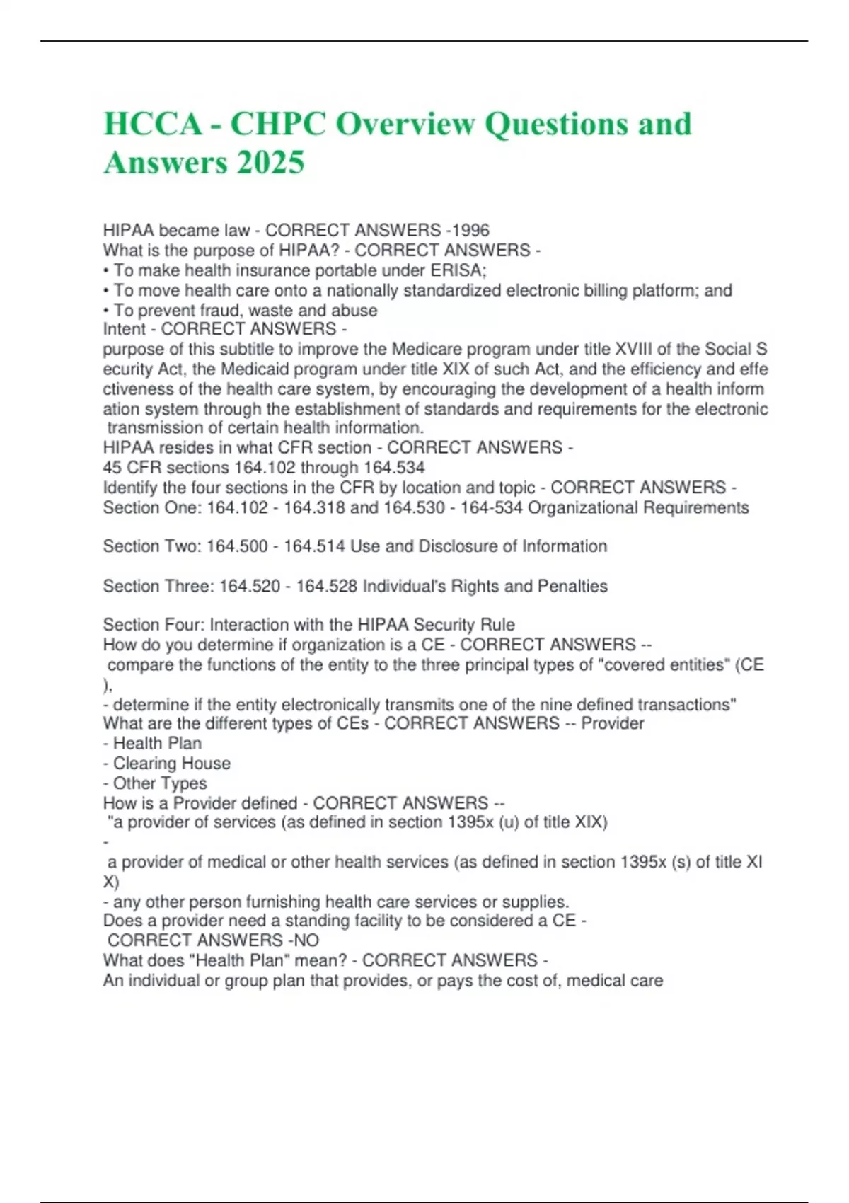 HCCA - CHPC Overview Questions and Answers 2025 - HCCA - CHPC - Stuvia US