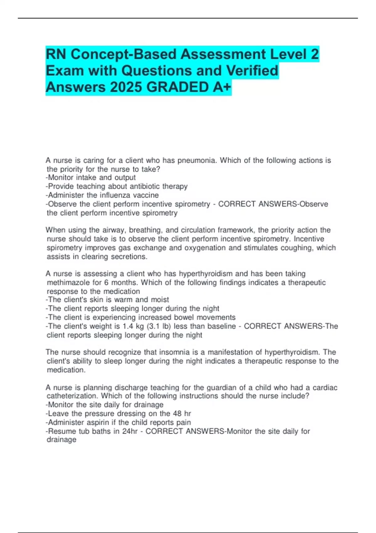 RN Concept-Based Assessment Level 2 Exam with Questions and Verified ...