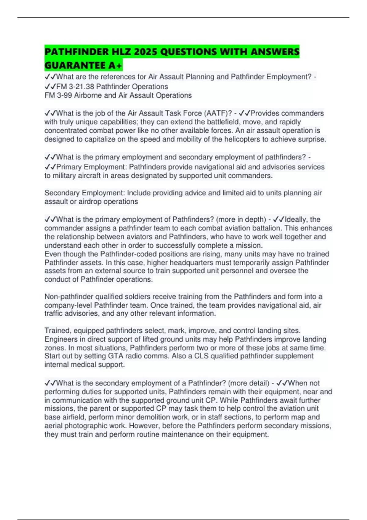 PATHFINDER HLZ 2025 QUESTIONS WITH ANSWERS GUARANTEE A+ - Pathfinder ...