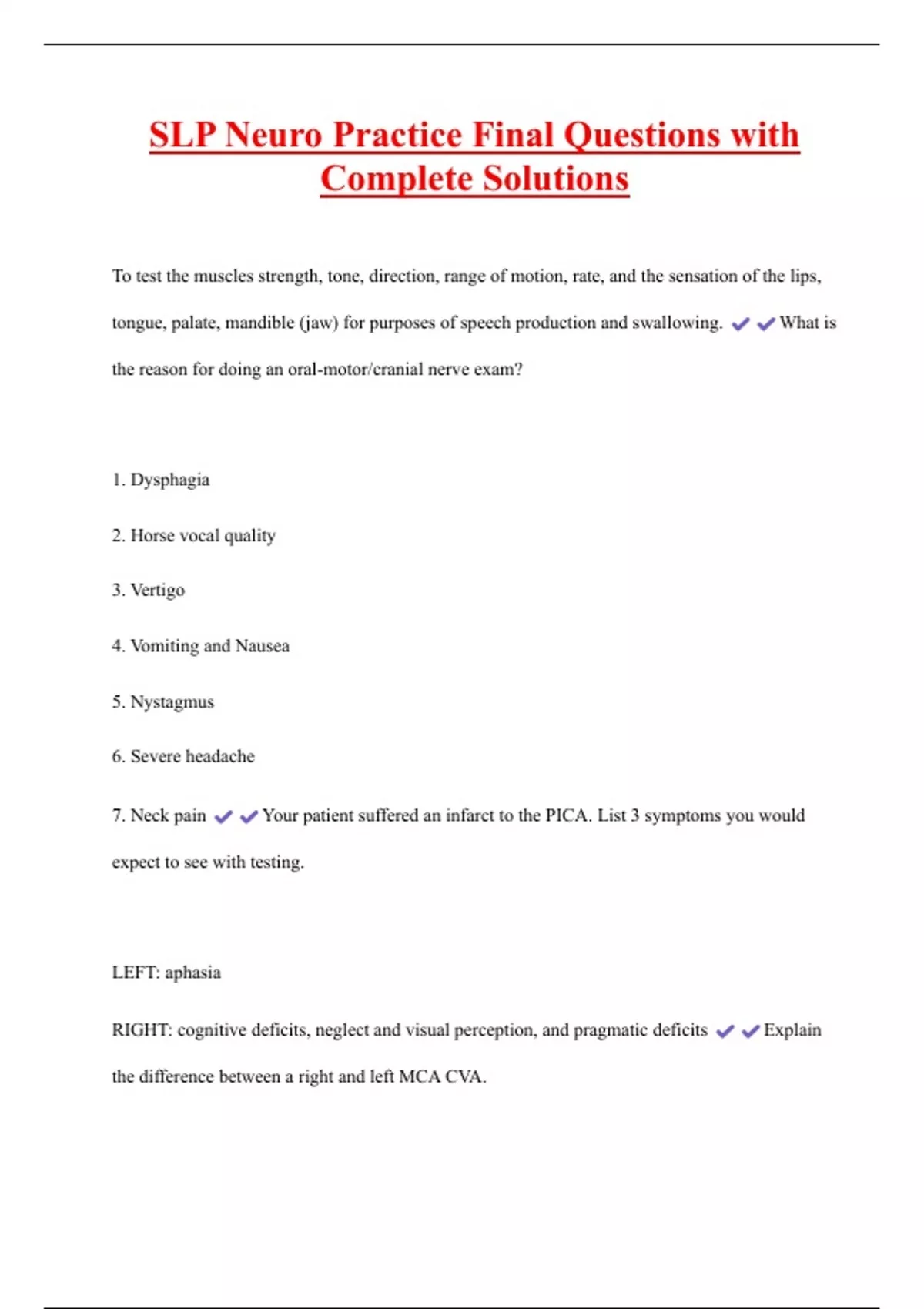 SLP Neuro Practice Final Questions with Complete Solutions - SLP.. - Stuvia US