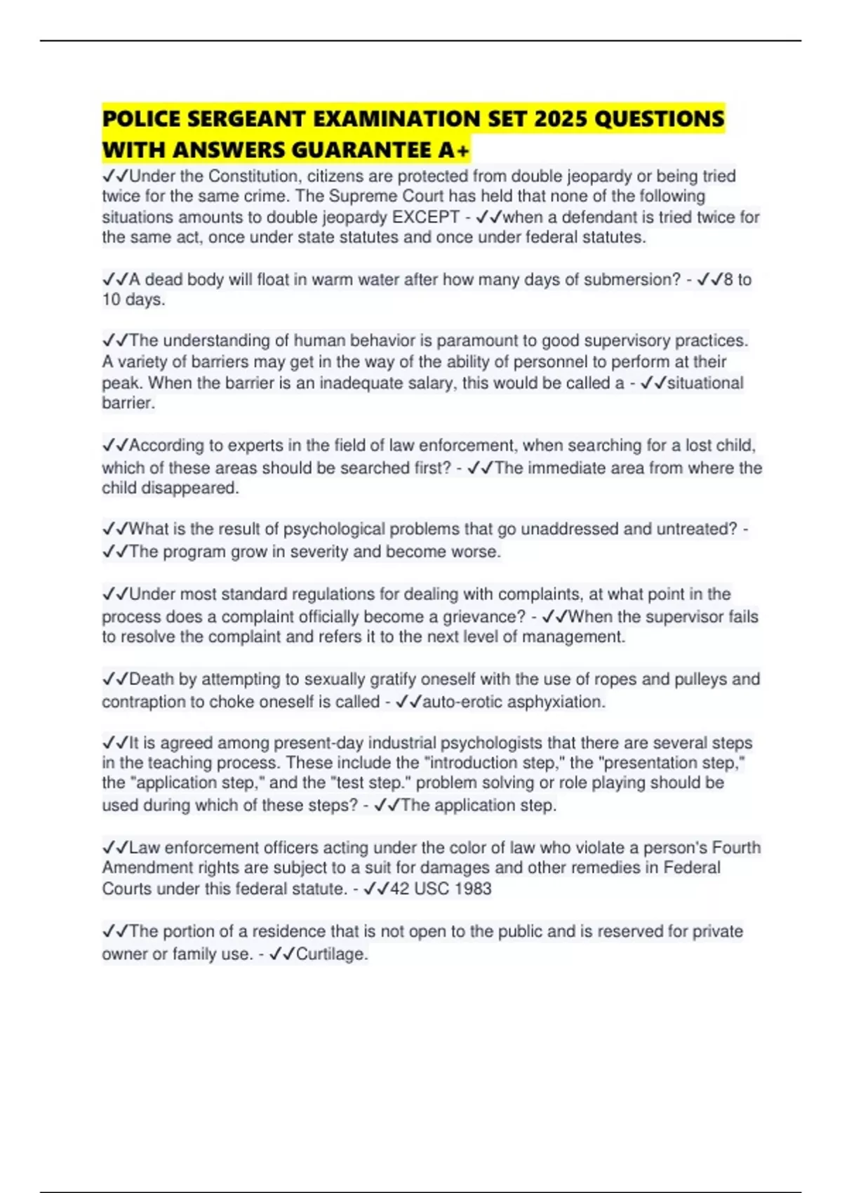 POLICE SERGEANT EXAMINATION SET 2025 QUESTIONS WITH ANSWERS GUARANTEE ...