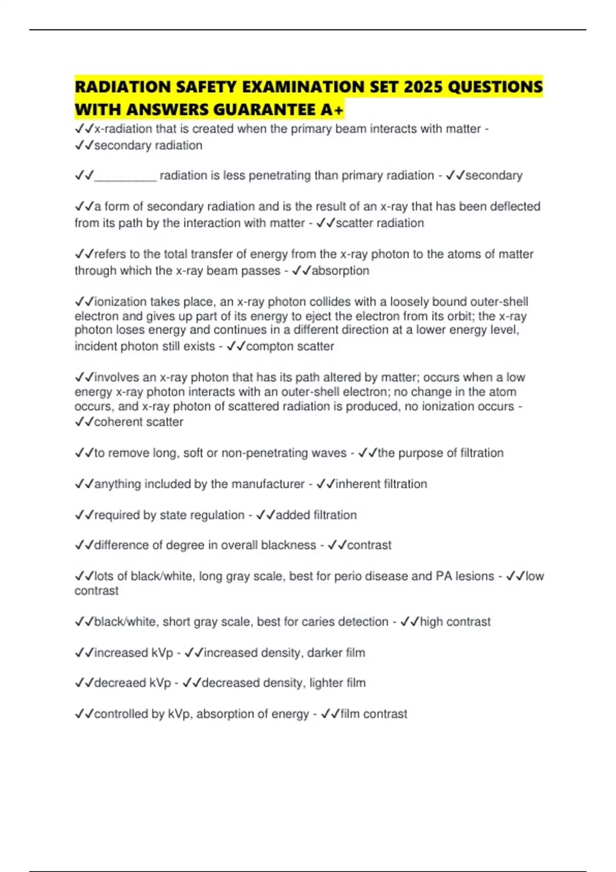 RADIATION SAFETY EXAMINATION SET 2025 QUESTIONS WITH ANSWERS GUARANTEE ...