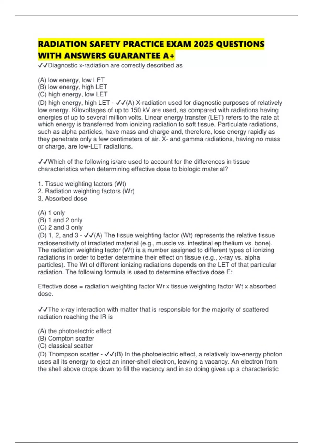 RADIATION SAFETY PRACTICE EXAM 2025 QUESTIONS WITH ANSWERS GUARANTEE A+ ...