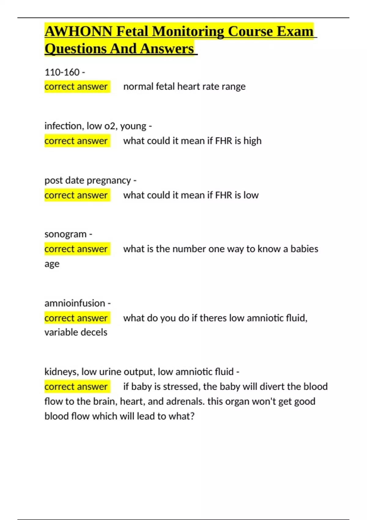 AWHONN Fetal Monitoring Course Exam Questions And Answers - Copy.docx ...