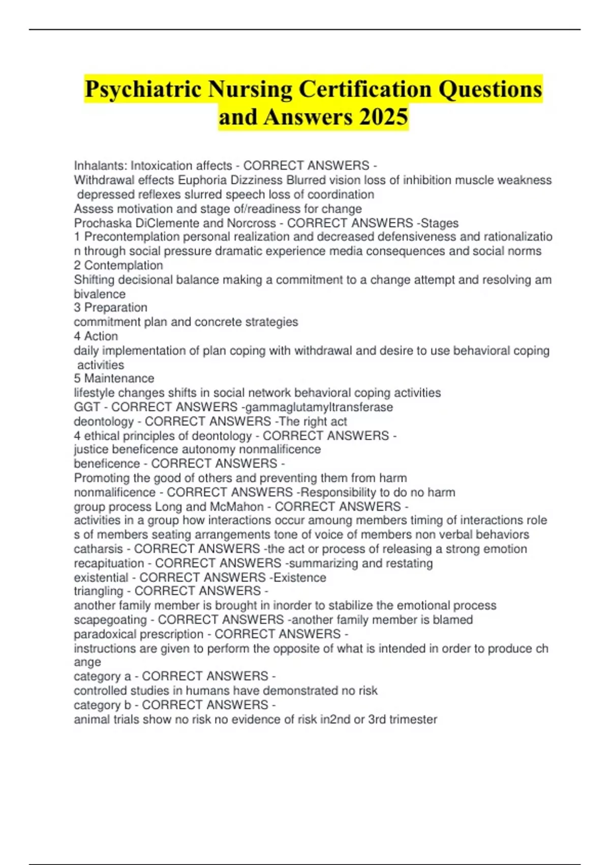 Psychiatric Nursing Certification Questions and Answers 2025 - ANCC ...
