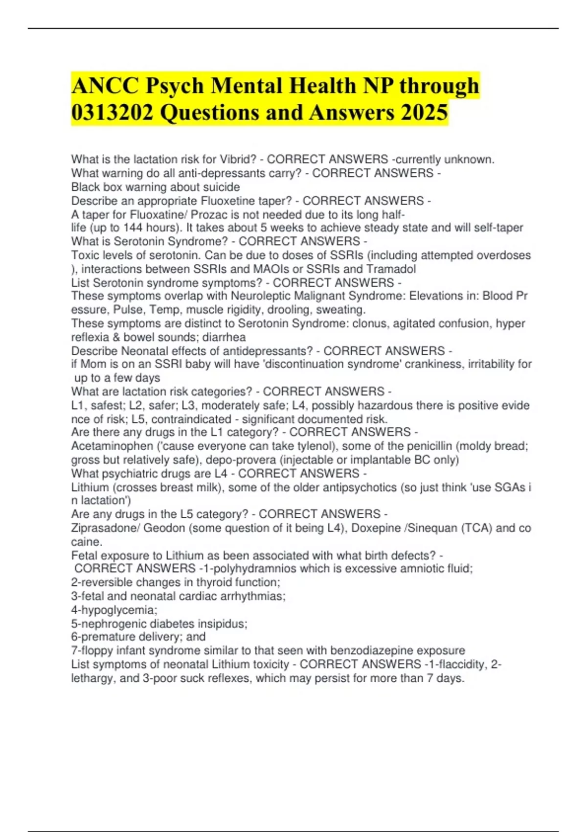 ANCC Psych Mental Health NP through 0313202 Questions and Answers 2025 ...