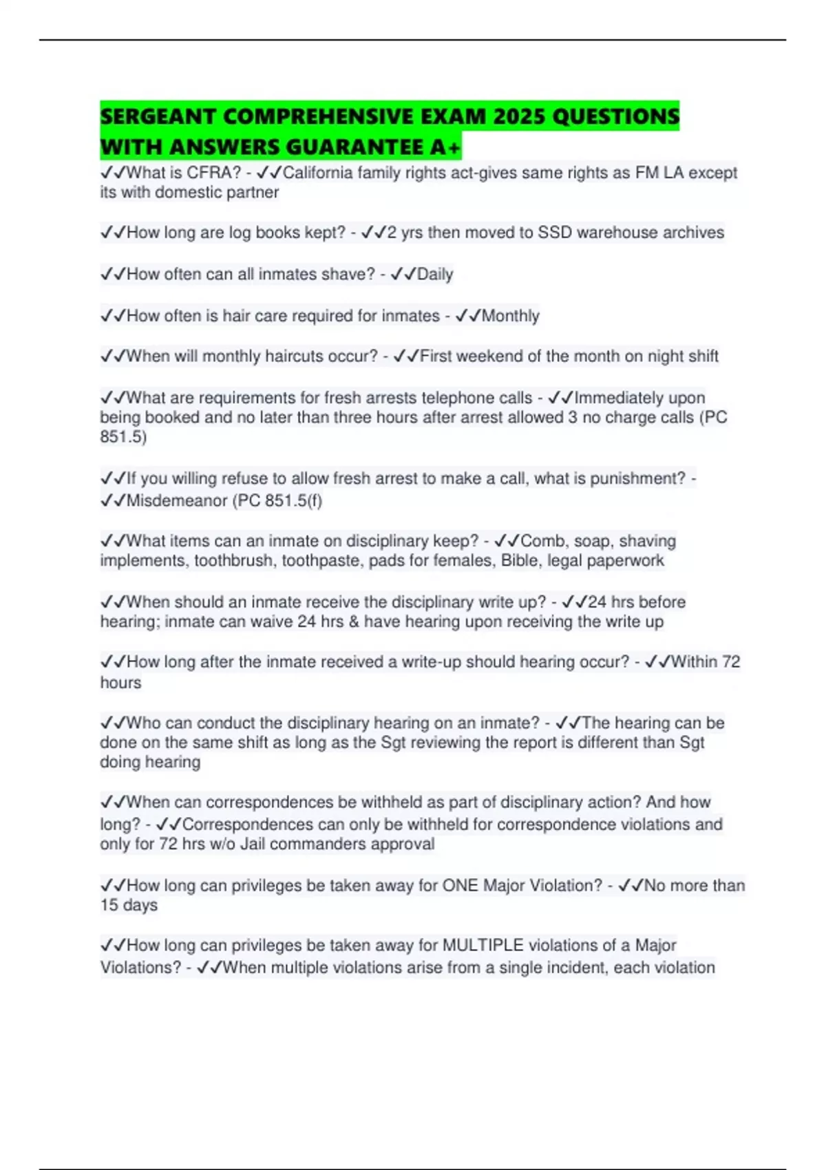 SERGEANT COMPREHENSIVE EXAM 2025 QUESTIONS WITH ANSWERS GUARANTEE A+ ...