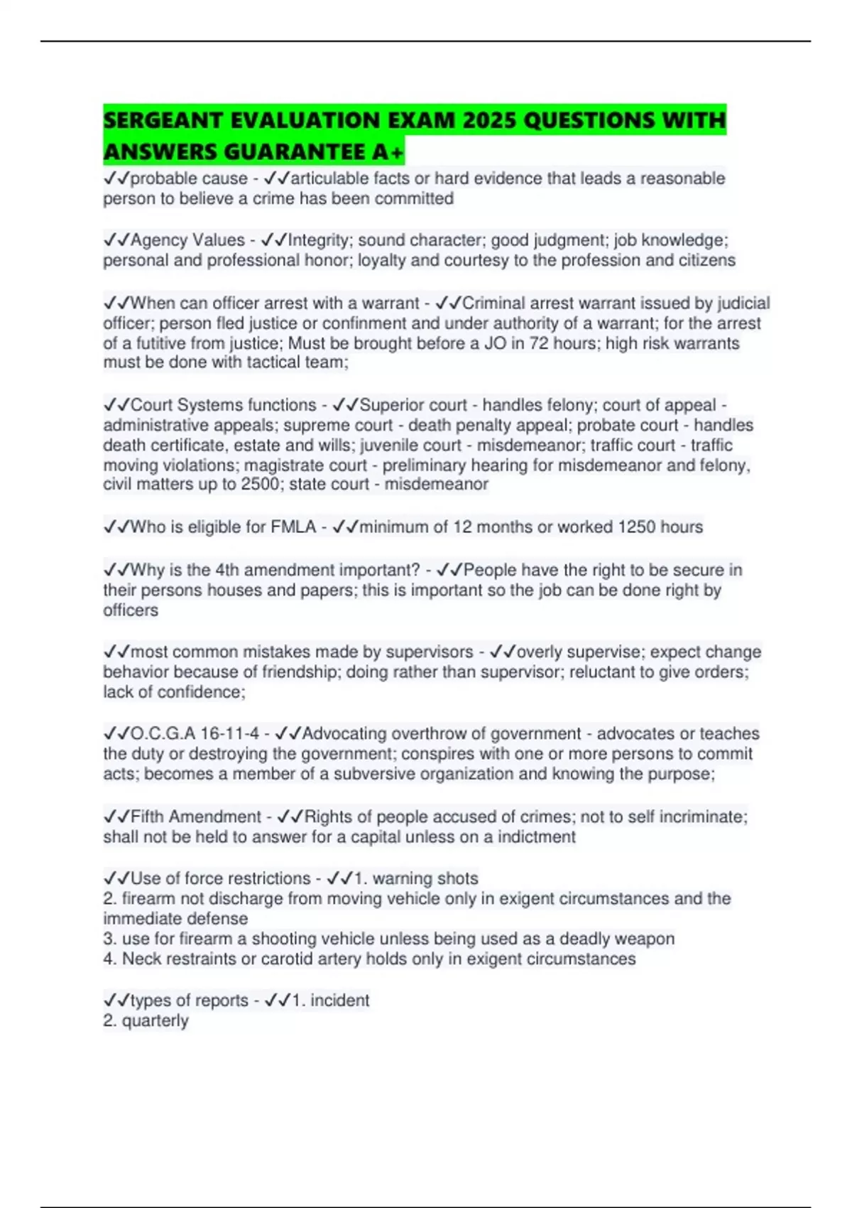 SERGEANT EVALUATION EXAM 2025 QUESTIONS WITH ANSWERS GUARANTEE A+ ...
