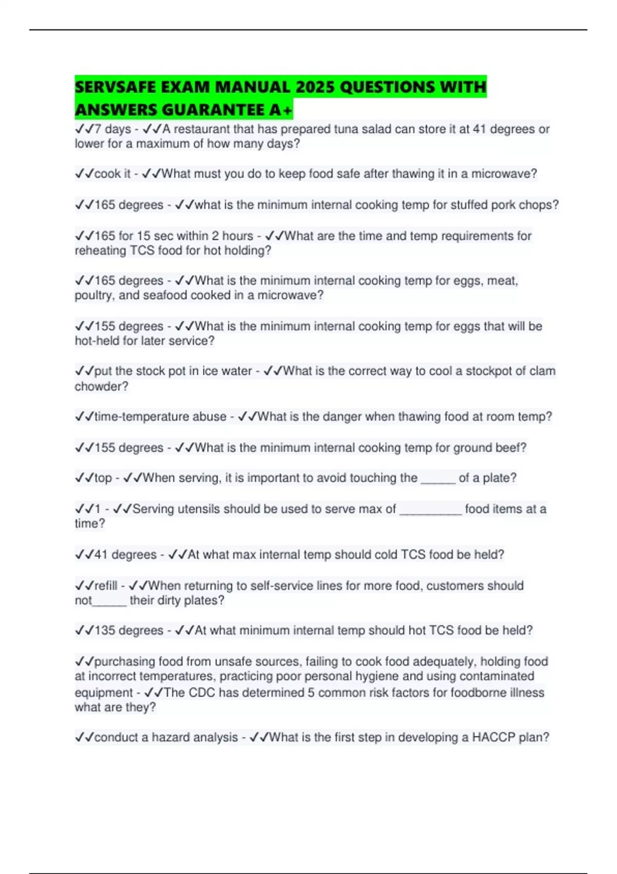 SERVSAFE EXAM MANUAL 2025 QUESTIONS WITH ANSWERS GUARANTEE A+ ...