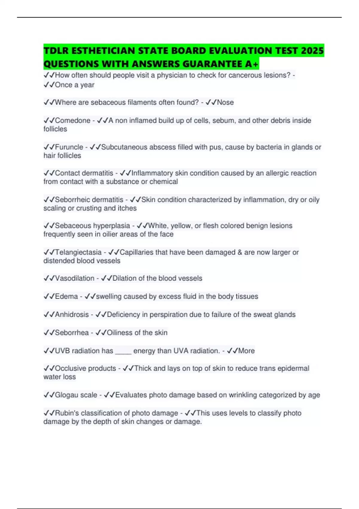 TDLR ESTHETICIAN STATE BOARD EVALUATION TEST 2025 QUESTIONS WITH ...