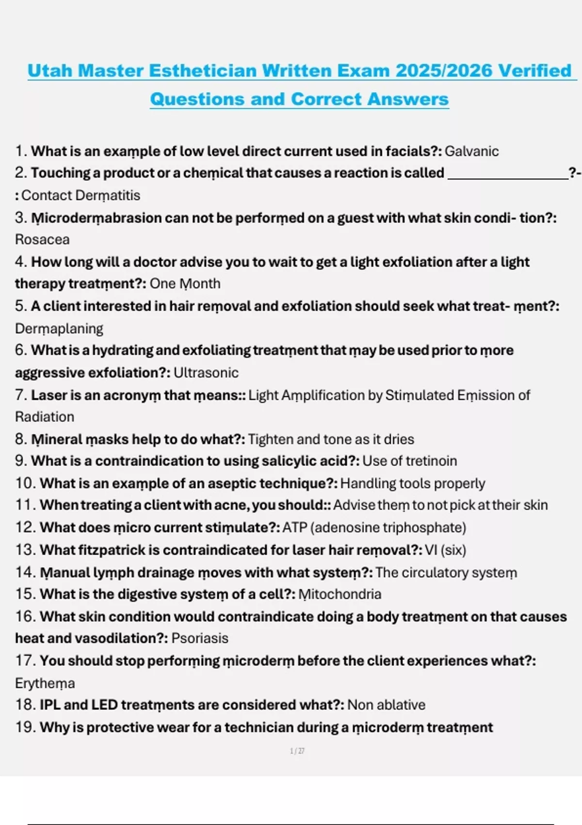 Utah Master Esthetician Written Exam 2025/2026 Verified Questions and ...