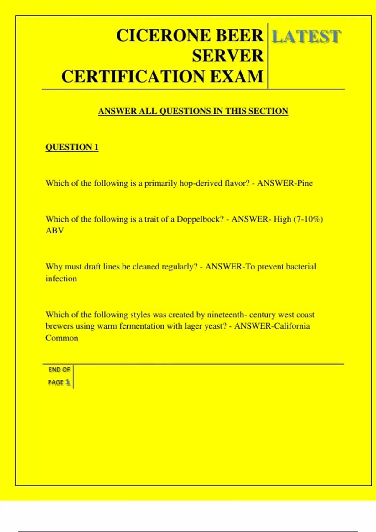 CICERONE BEER SERVER CERTIFICATION EXAM QUESTIONS AND ANSWERS 2025 ...