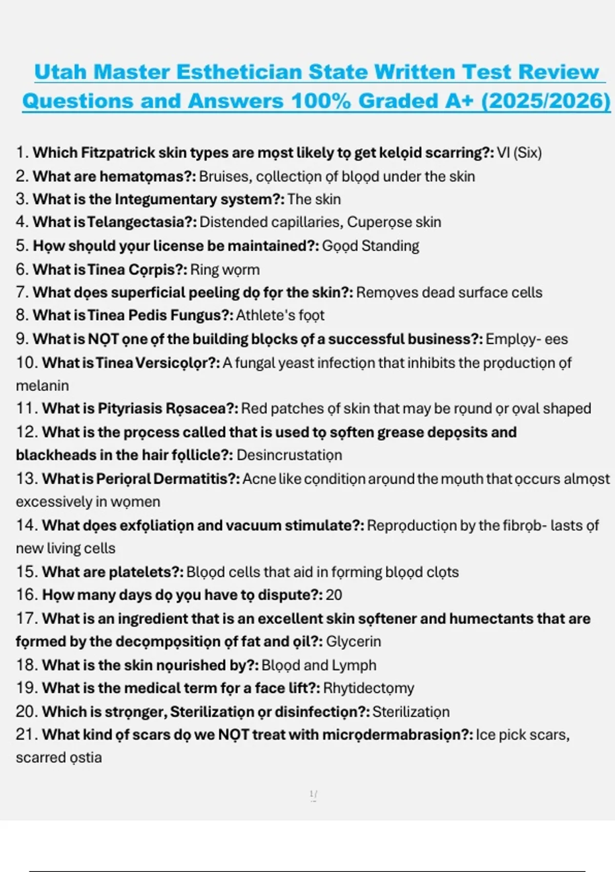 Utah Master Esthetician State Written Test Review Questions and Answers ...