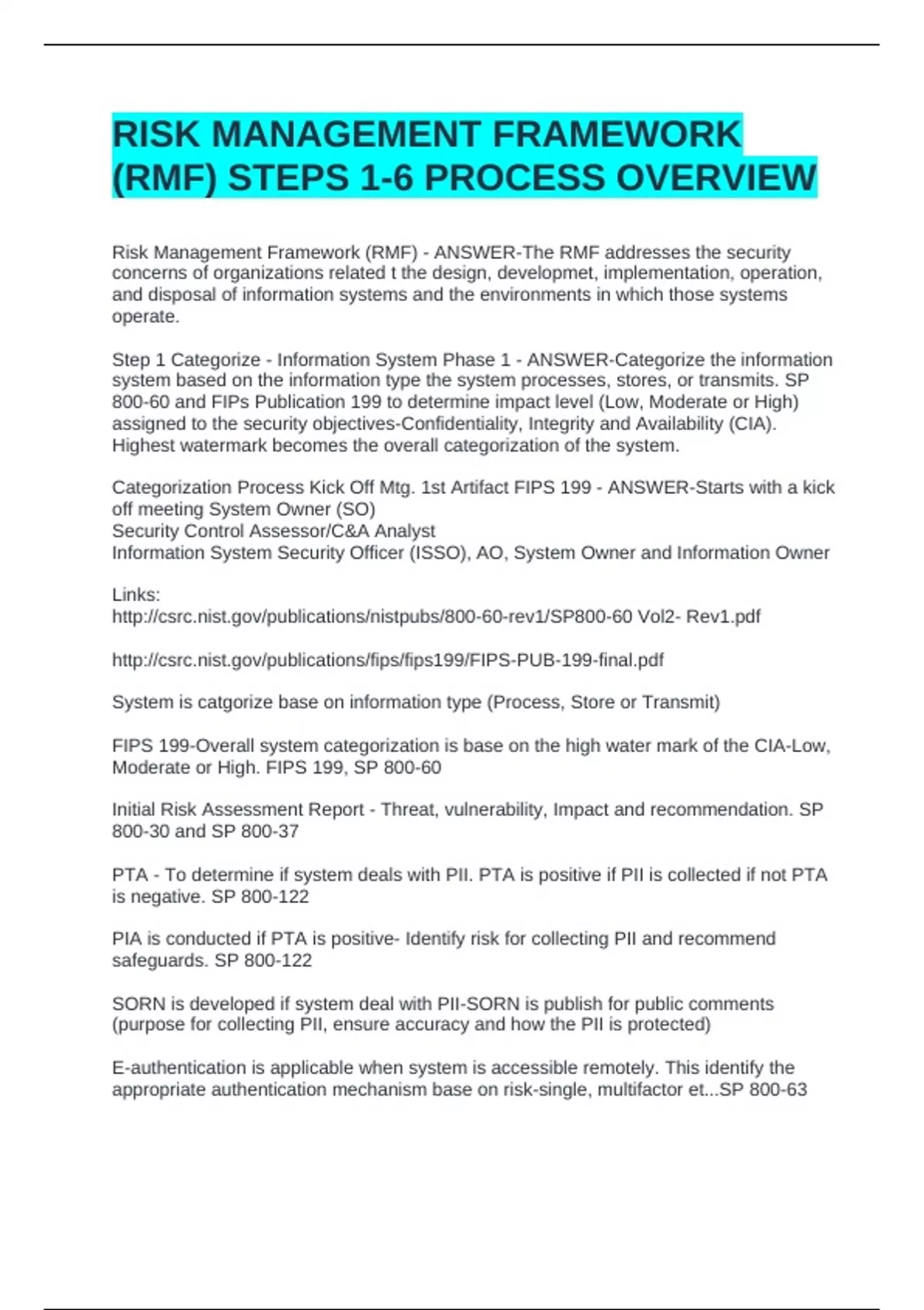 RISK MANAGEMENT FRAMEWORK (RMF) STEPS 1-6 PROCESS OVERVIEW - RISK MANAGEMENT FRAMEWORK STEPS 1-6 ...