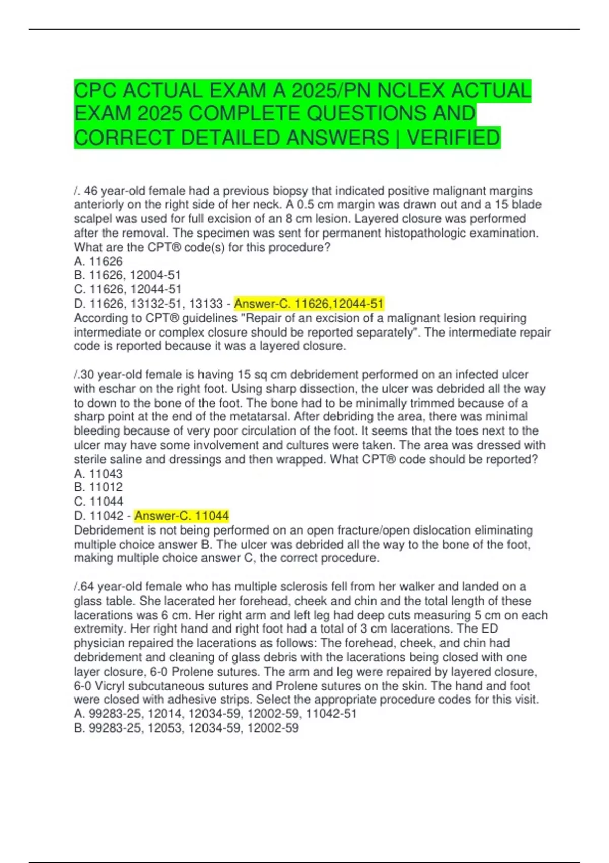 CPC ACTUAL EXAM A 2025/PN NCLEX ACTUAL EXAM 2025 COMPLETE QUESTIONS AND ...