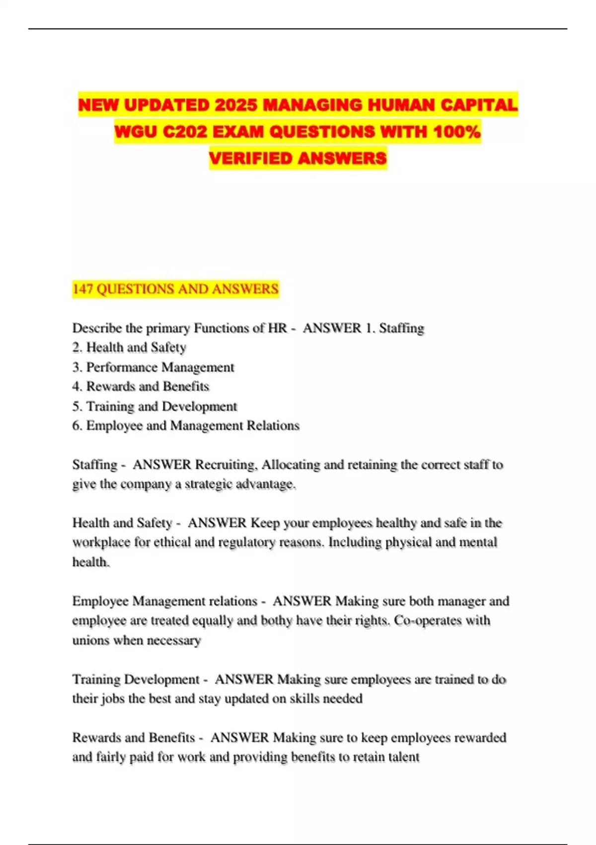 NEW UPDATED 2025 MANAGING HUMAN CAPITAL WGU C202 EXAM QUESTIONS WITH 100% VERIFIED ANSWERS ...