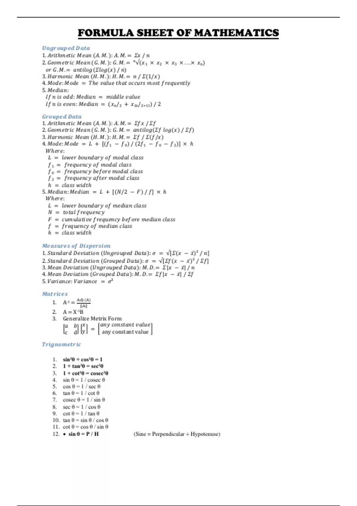 Complete Statistics Formulas for High School Students - Mathematics ...