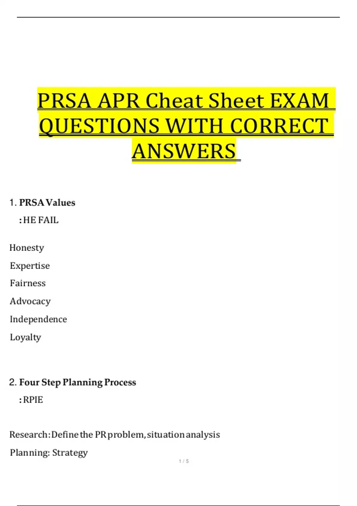 PRSA APR Cheat Sheet EXAM QUESTIONS WITH CORRECT ANSWERS - PRSA APR ...