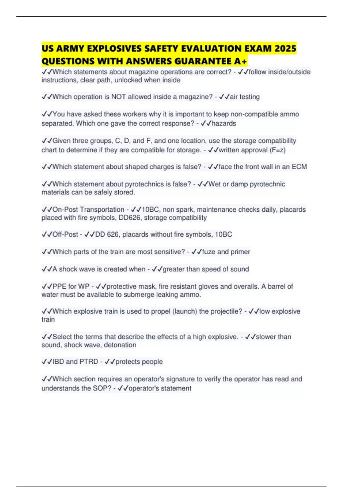 US ARMY EXPLOSIVES SAFETY EVALUATION EXAM 2025 QUESTIONS WITH ANSWERS ...