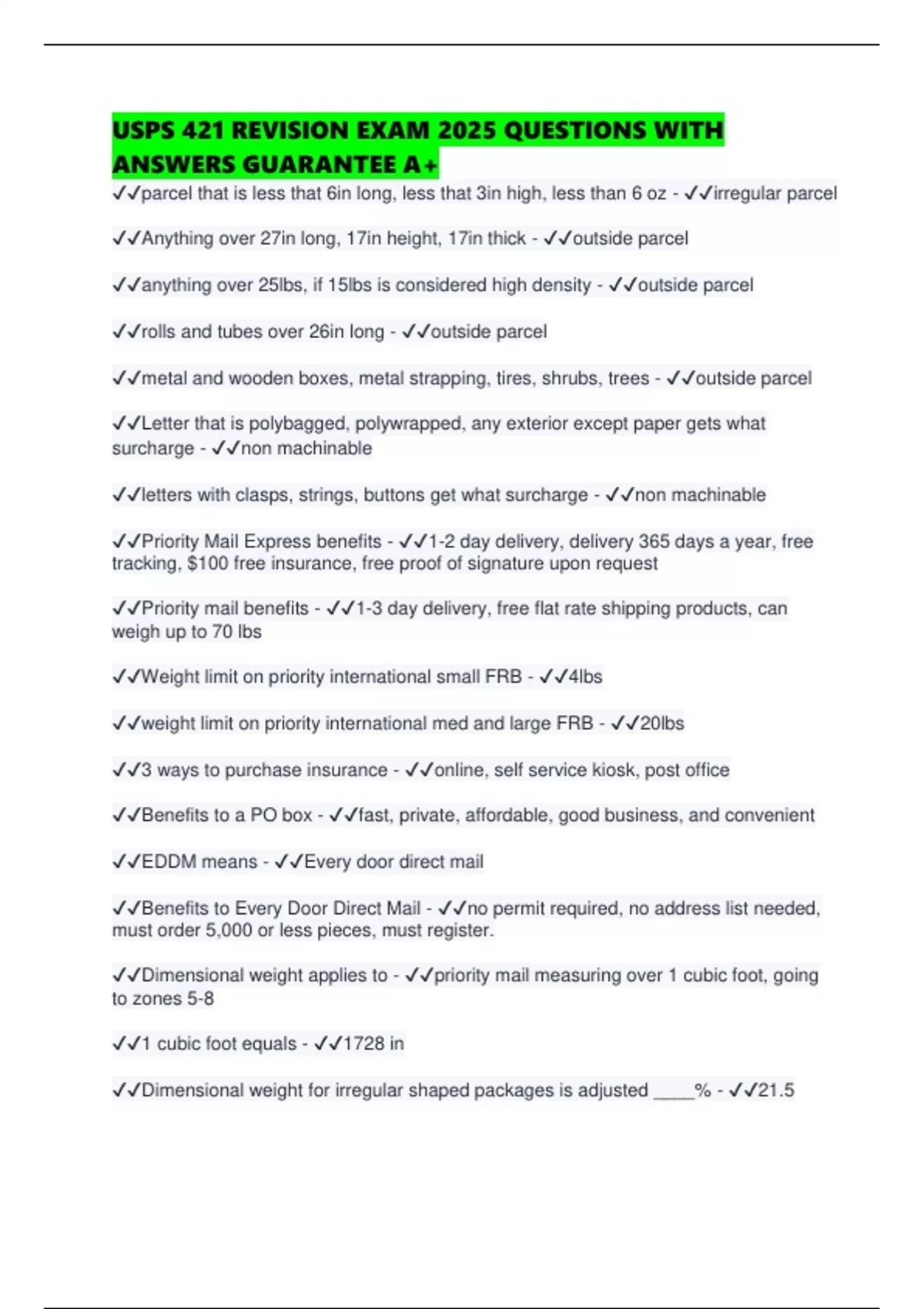 USPS 421 REVISION EXAM 2025 QUESTIONS WITH ANSWERS GUARANTEE A+ - USPS ...