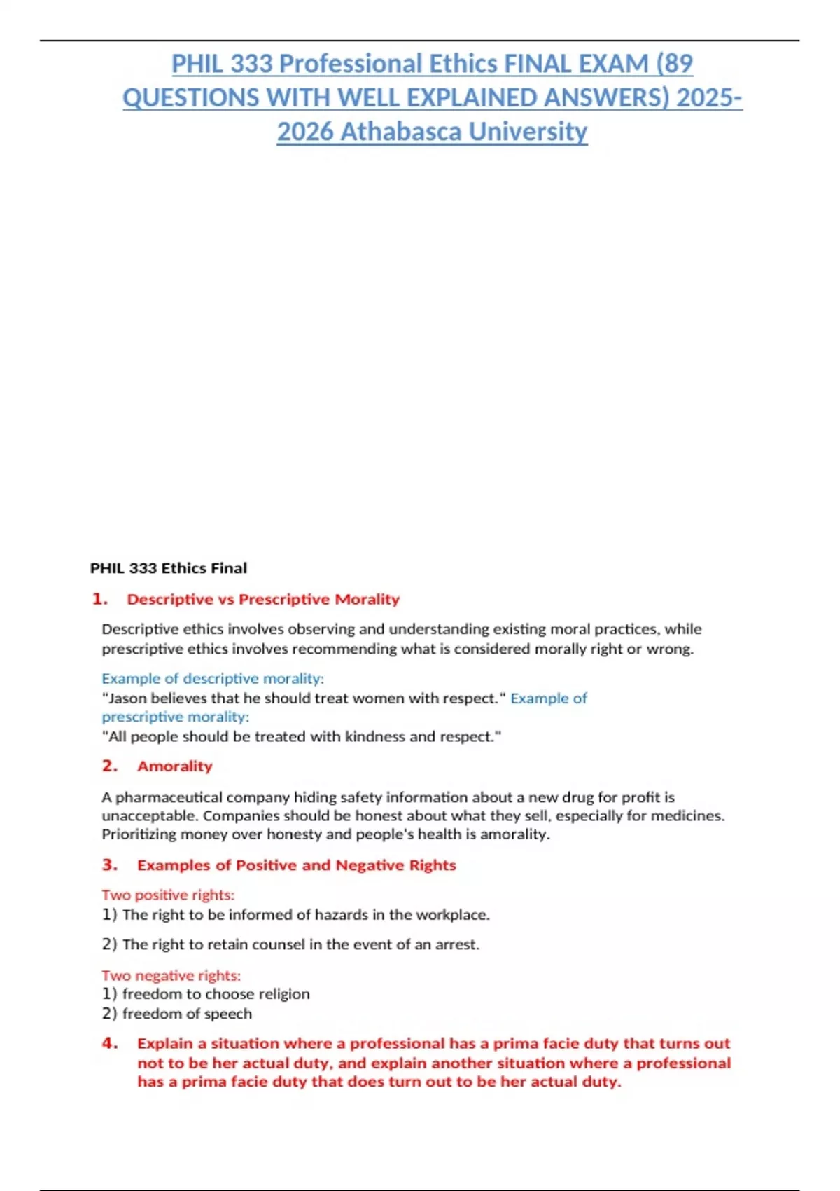 PHIL 333 Professional Ethics FINAL EXAM (89 QUESTIONS WITH WELL EXPLAINED ANSWERS) Athabasca ...