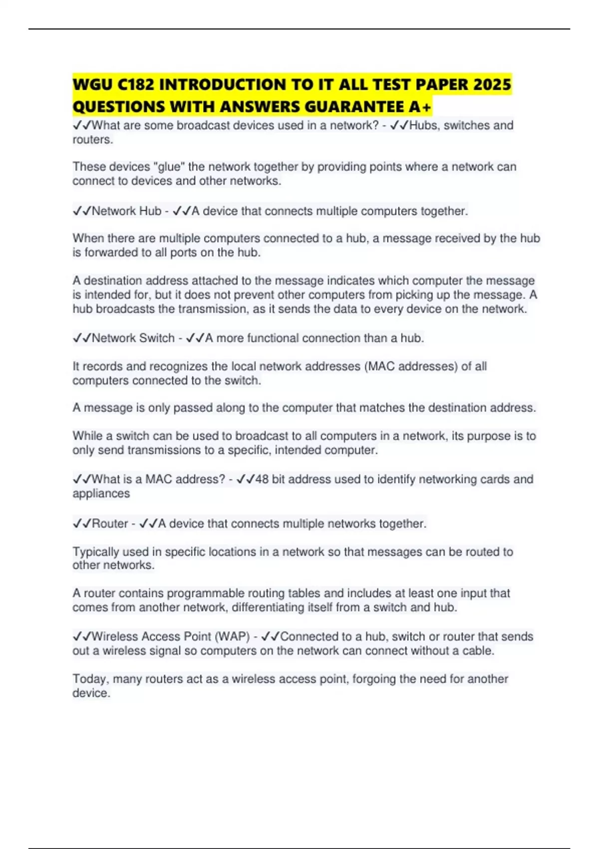 WGU C182 INTRODUCTION TO IT ALL TEST PAPER 2025 QUESTIONS WITH ANSWERS ...