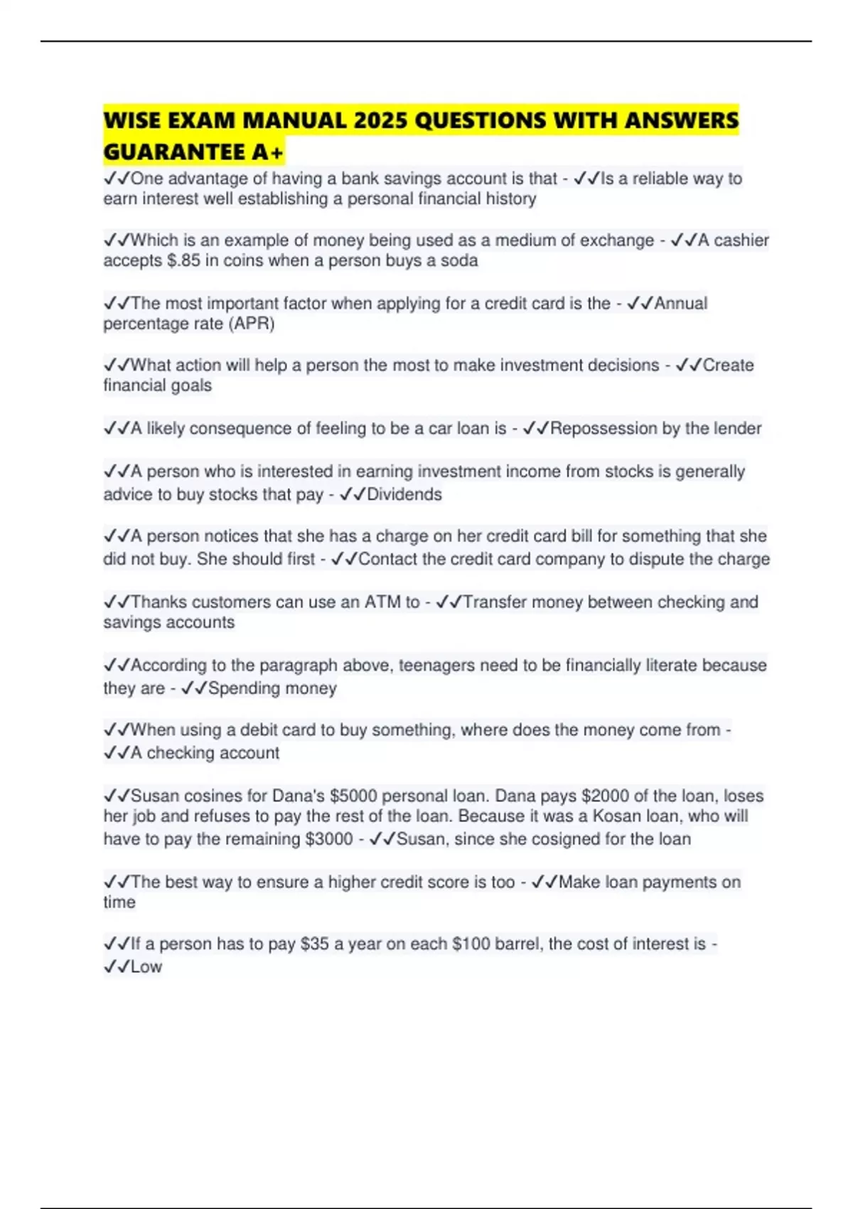 WISE EXAM MANUAL 2025 QUESTIONS WITH ANSWERS GUARANTEE A+ - WISE ...