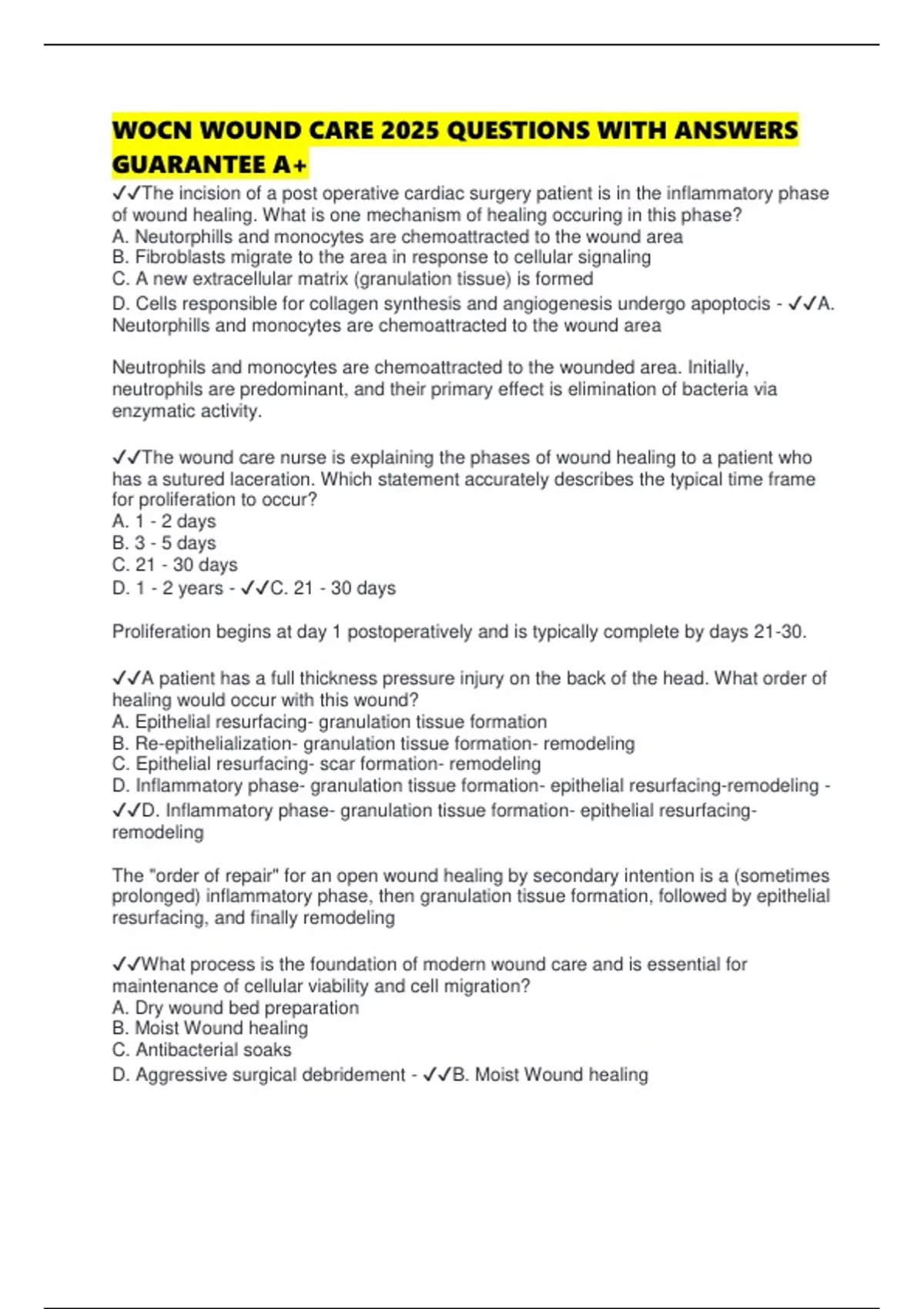 WOCN WOUND CARE 2025 QUESTIONS WITH ANSWERS GUARANTEE A+ - Wound Care ...