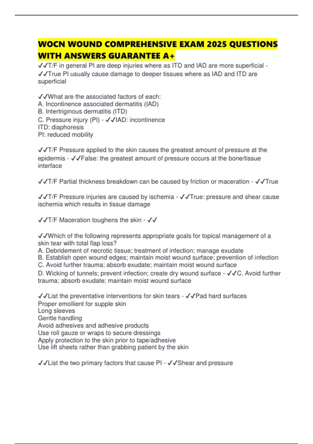 WOCN WOUND COMPREHENSIVE EXAM 2025 QUESTIONS WITH ANSWERS GUARANTEE A+ ...