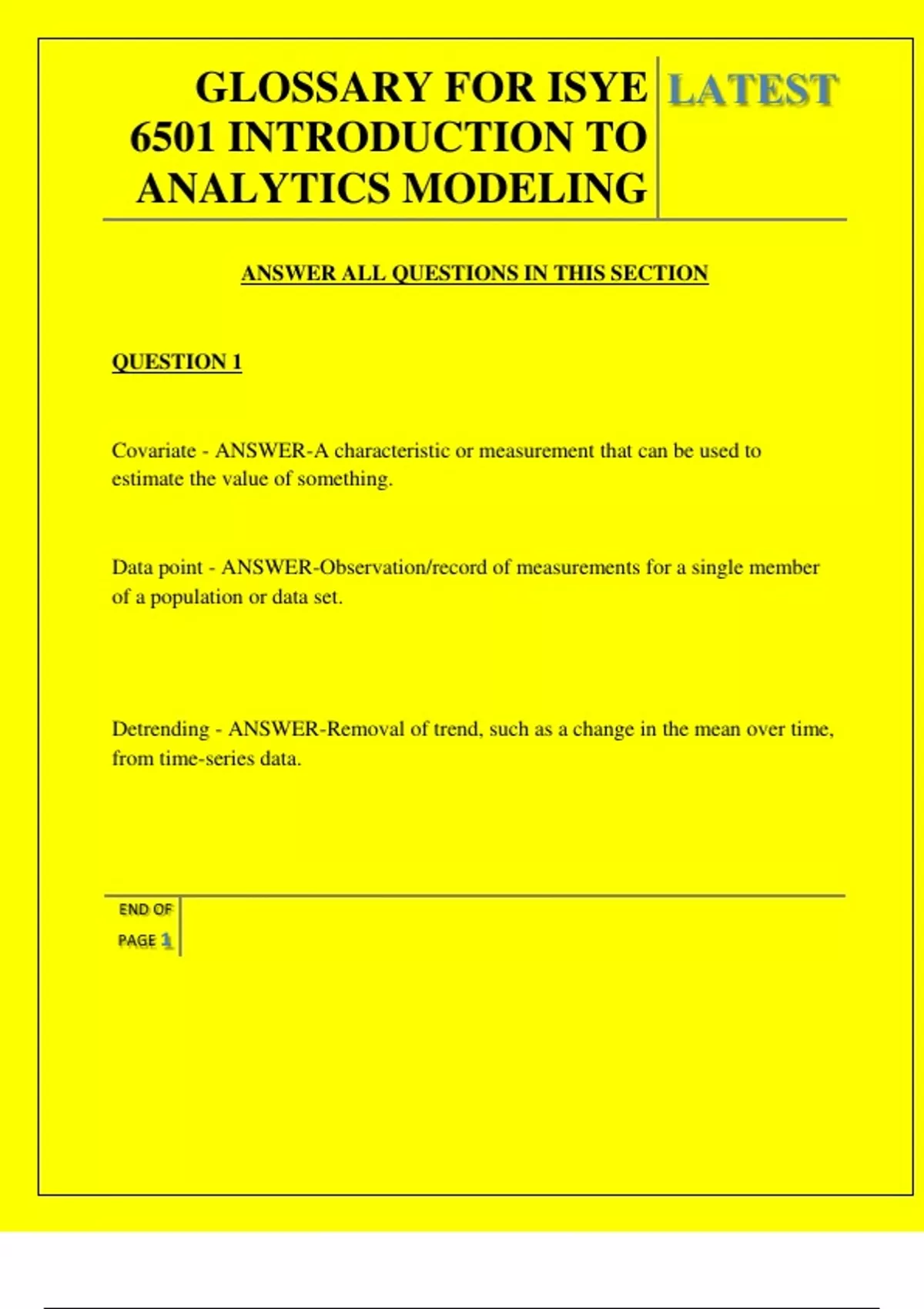 GLOSSARY FOR ISYE 6501 INTRODUCTION TO ANALYTICS MODELING QUESTIONS AND ANSWERS 2025 - GLOSSARY ...