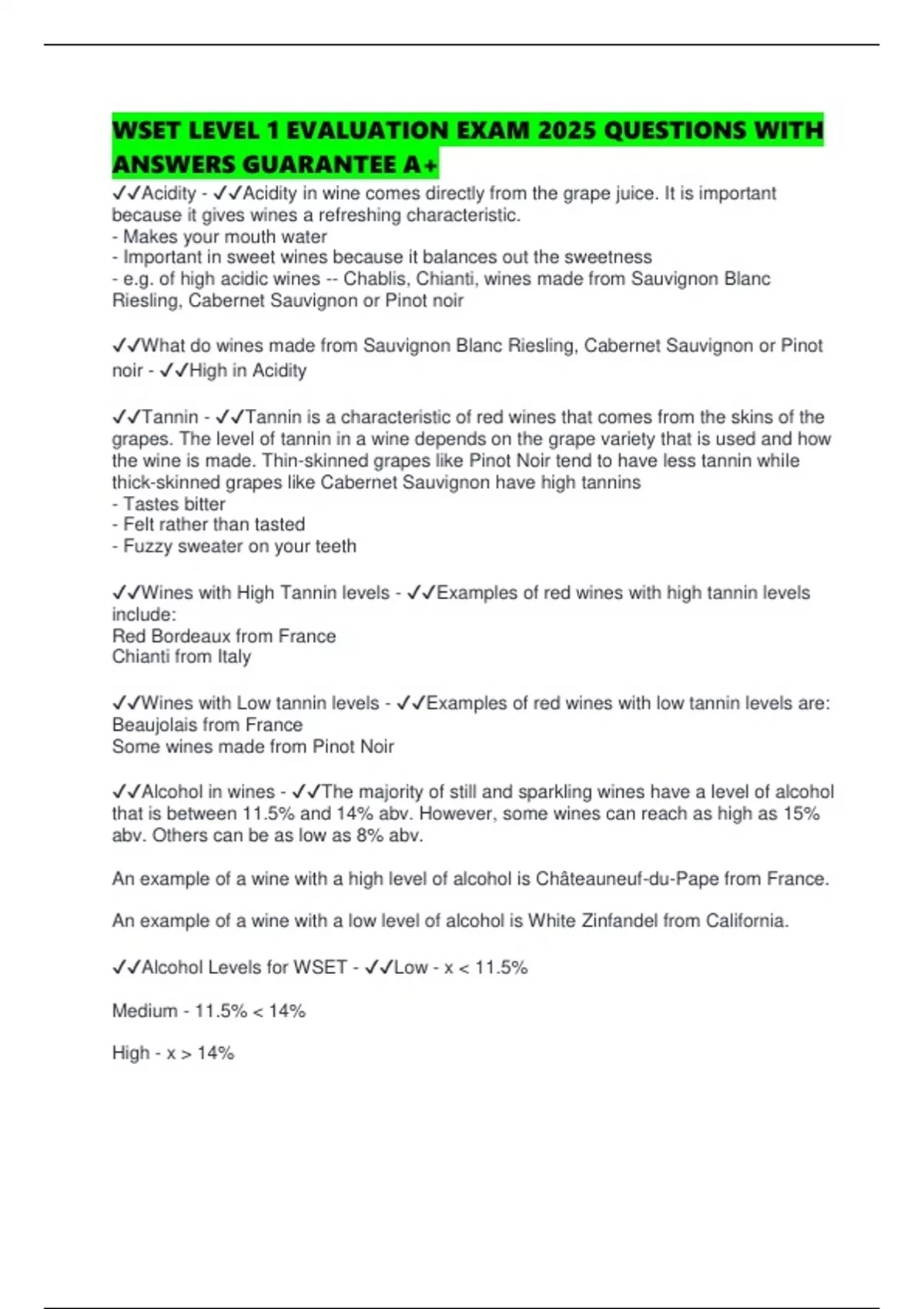 WSET LEVEL 1 EVALUATION EXAM 2025 QUESTIONS WITH ANSWERS GUARANTEE A+ ...